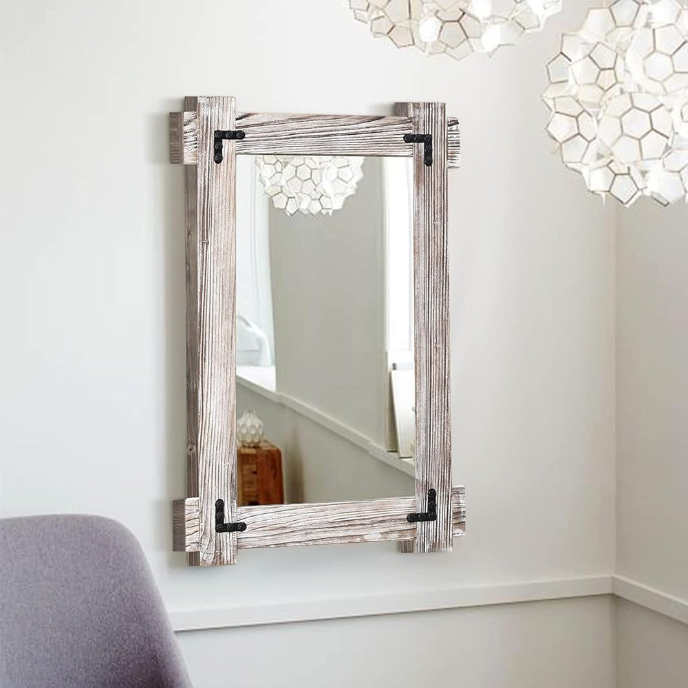 Gracie Oaks Farmhouse Rustic Wood Framed Bathroom Mirror, Decorative ...