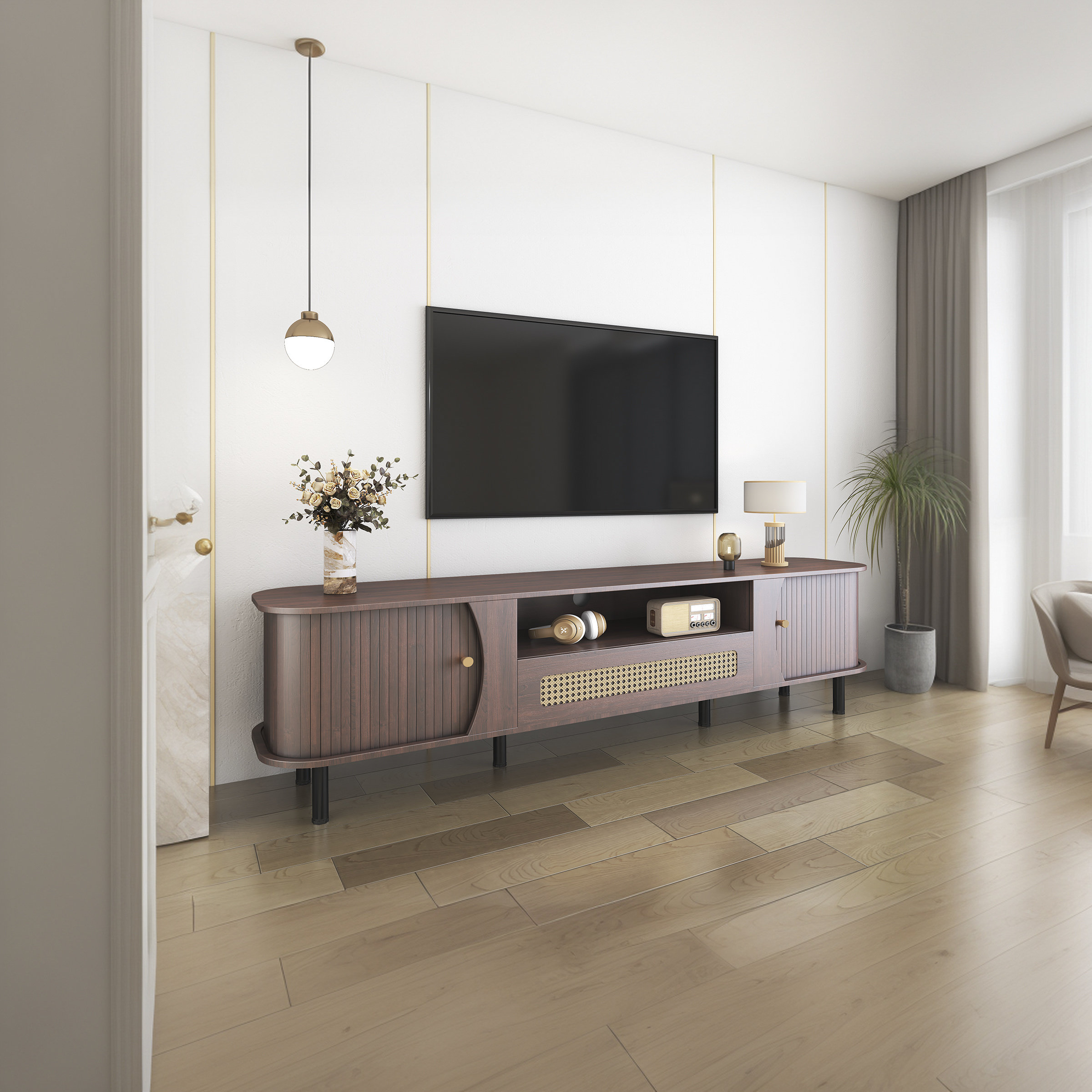 Latitude Run® Holds Tvs , Farmhouse-Style Curved TV Stand With Sliding ...