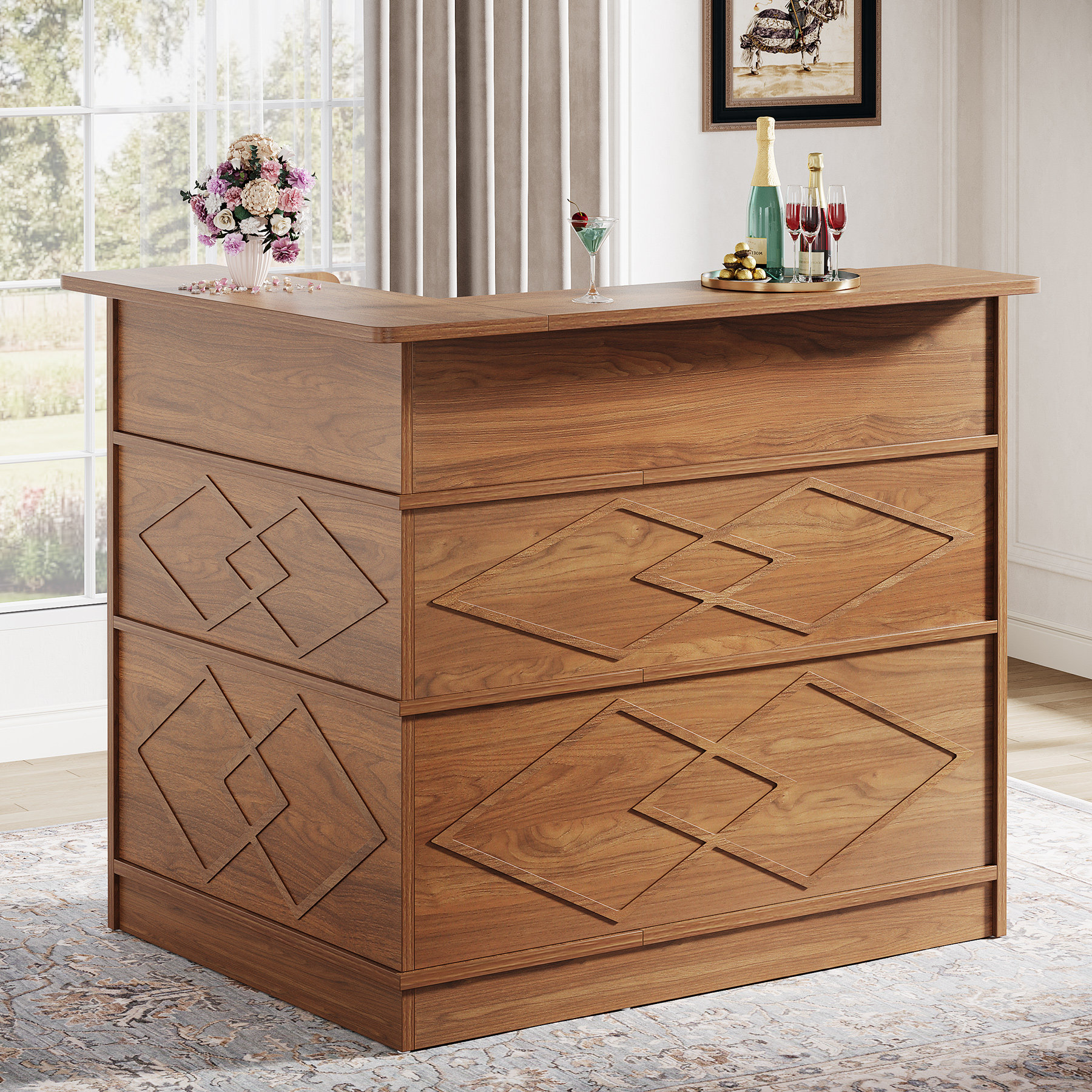 Union Rustic Lukeshia Home Bar Unit, L-Shaped Wood Bar Cabinet With ...
