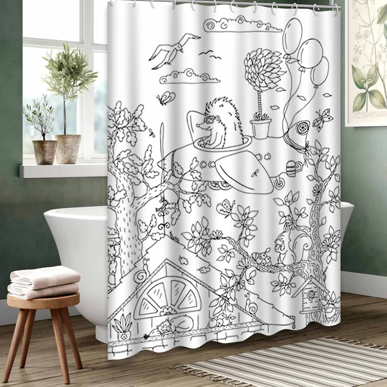 East Urban Home Whimsical Hedgehog Waterproof Shower Curtain - Doodle ...