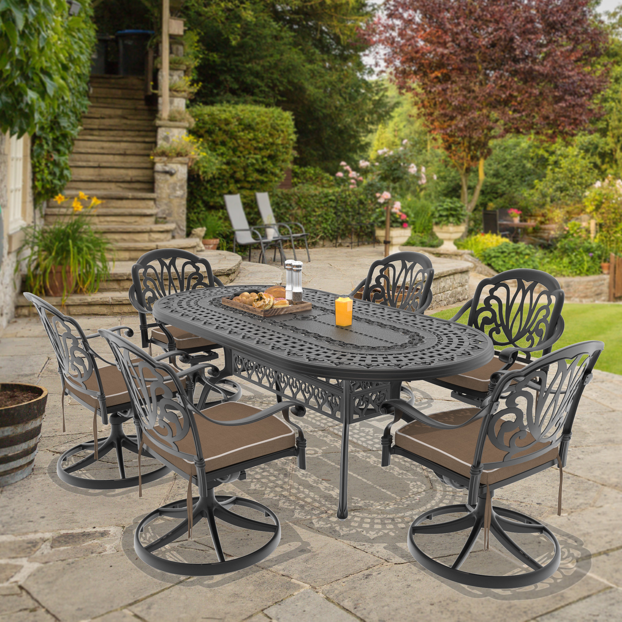 Bloomsbury Market 7-Piece Ovsl Cast Aluminum Outdoor Patio Dining Set ...