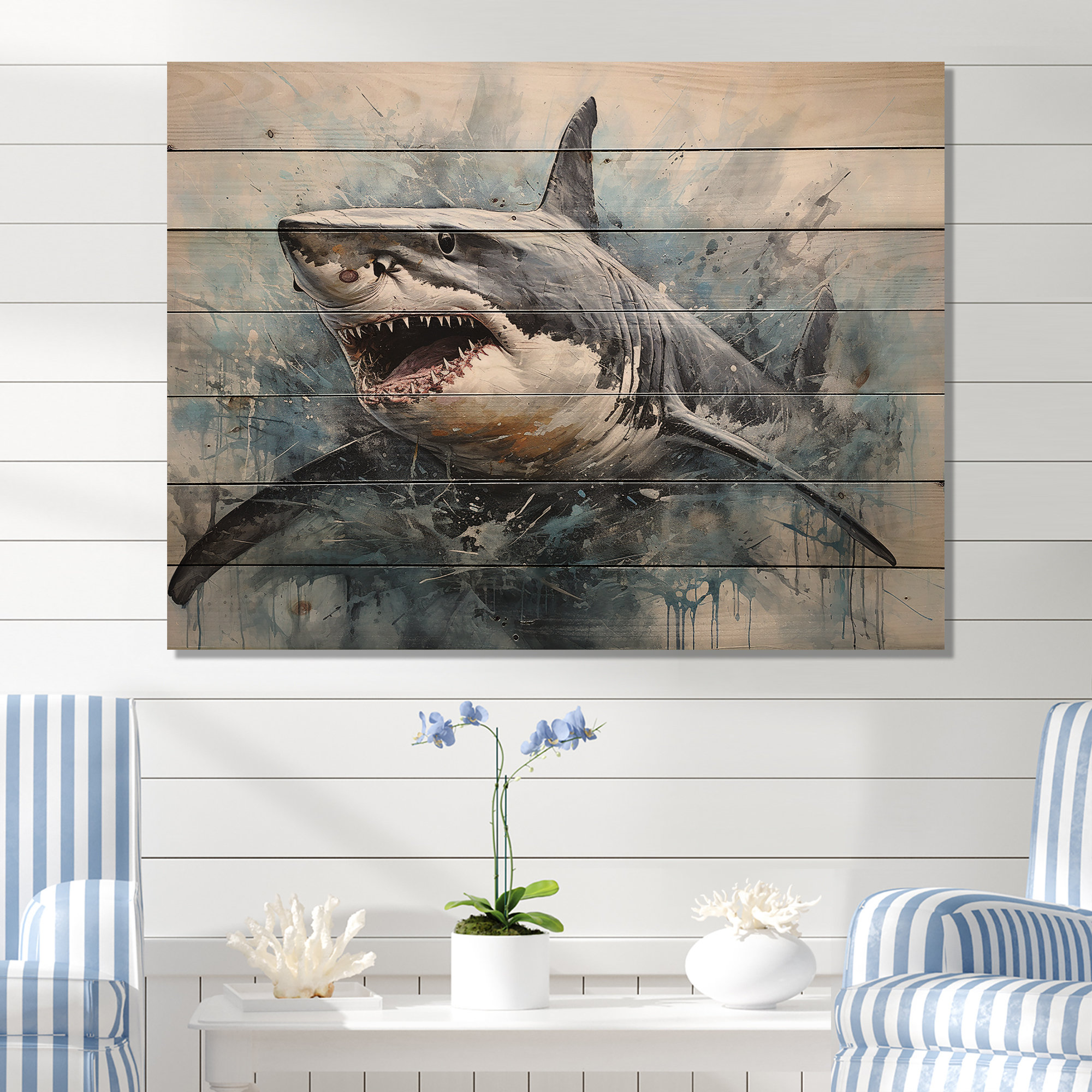 Beachcrest Home™ Minimalism Blue Shark Painting - Shark Wood Art On ...