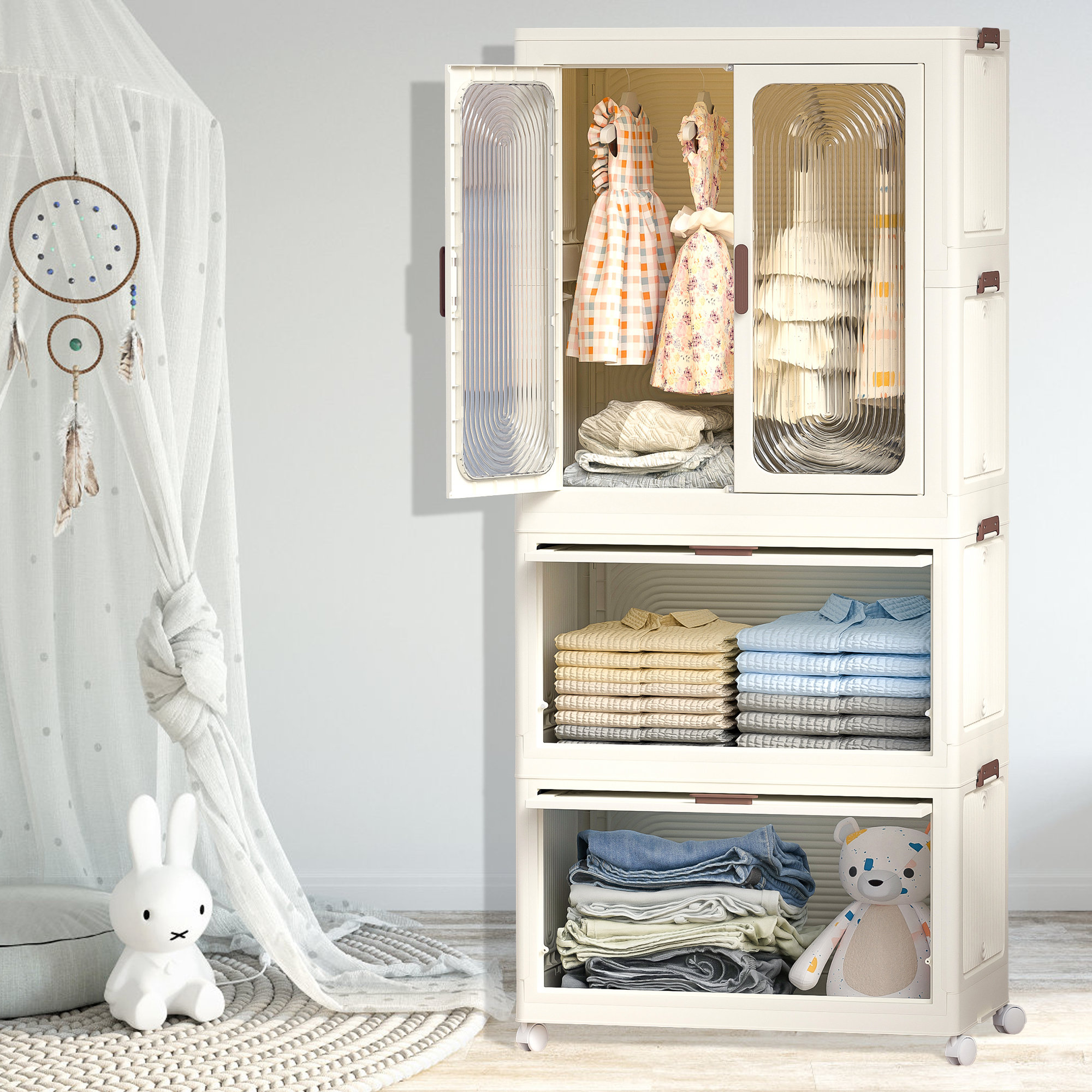 Ebern Designs Portable Rolling Wardrobe Closet With 4 Cubes & Hanging ...