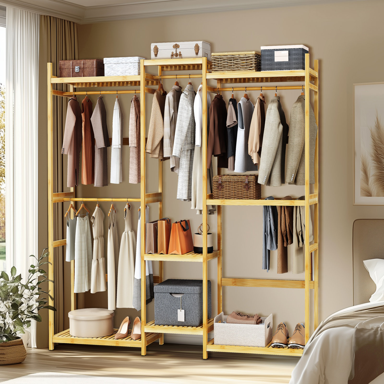 Latitude Run® Bamboo Garment Rack Clothes Stand With Clothing Storage ...