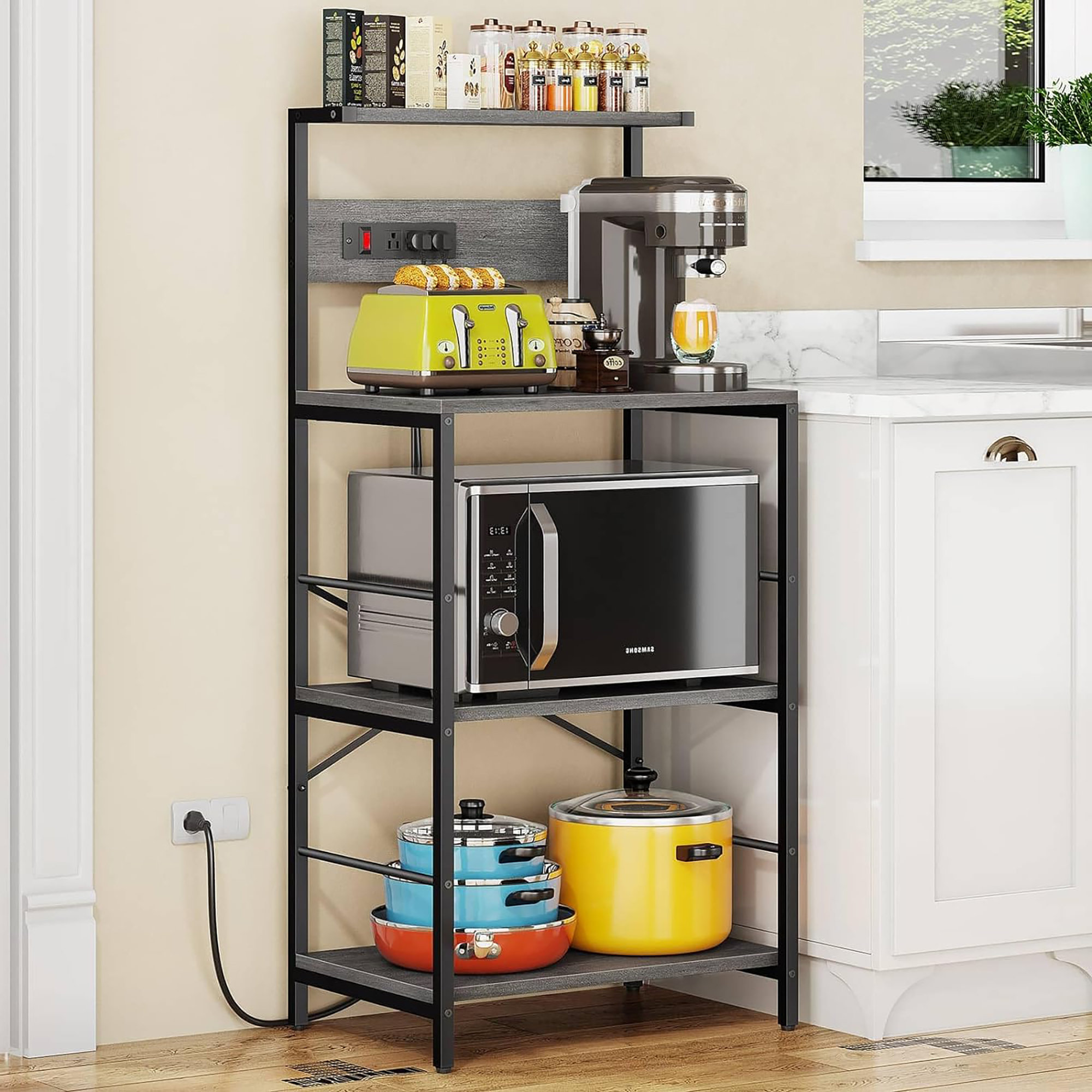 Latitude Run® 3 Power Outlets, 4-Tier Kitchen Microwave Stand With ...