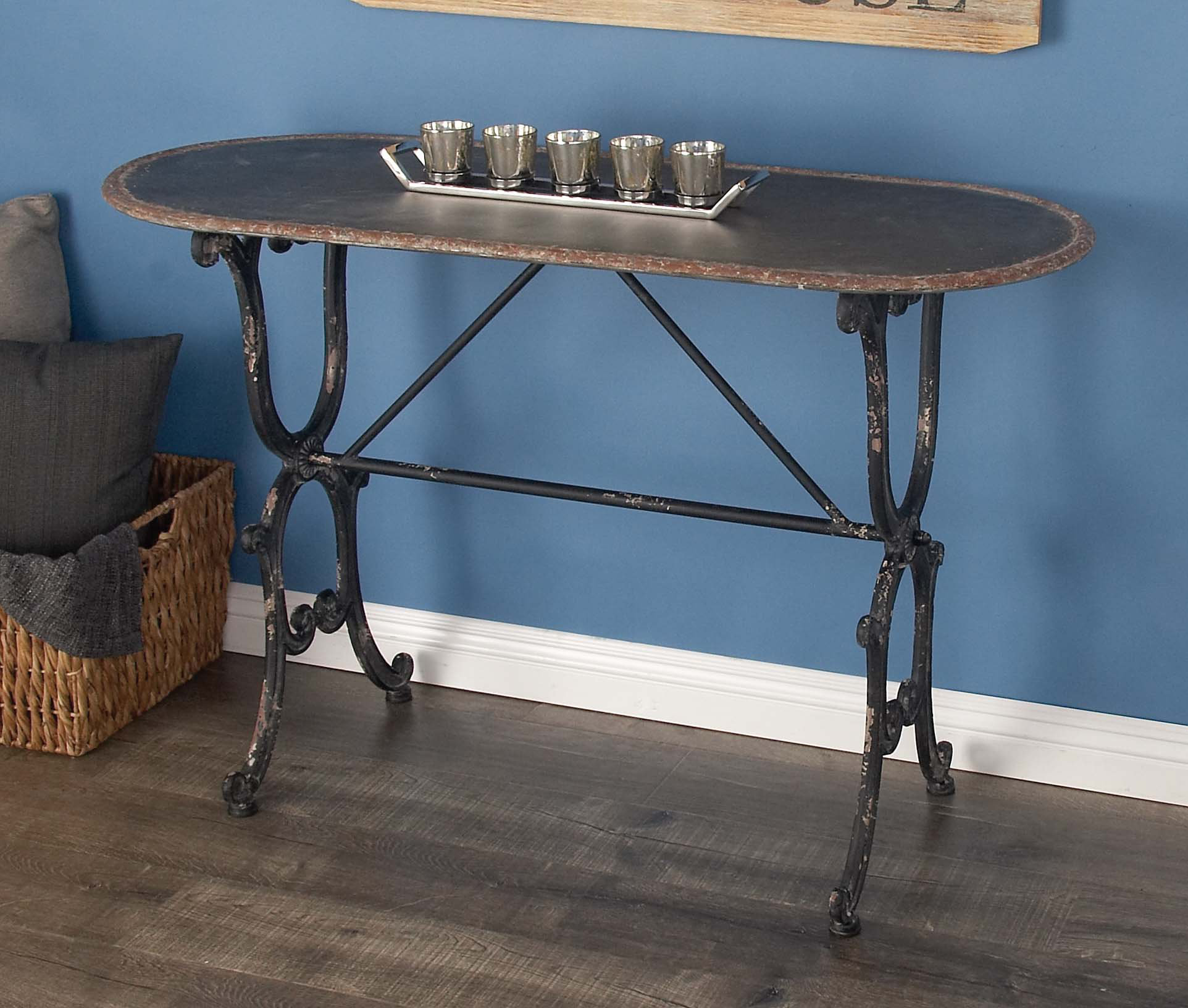 Gracie Oaks Crestline Gray Metal Console Table with Distressed Accents ...