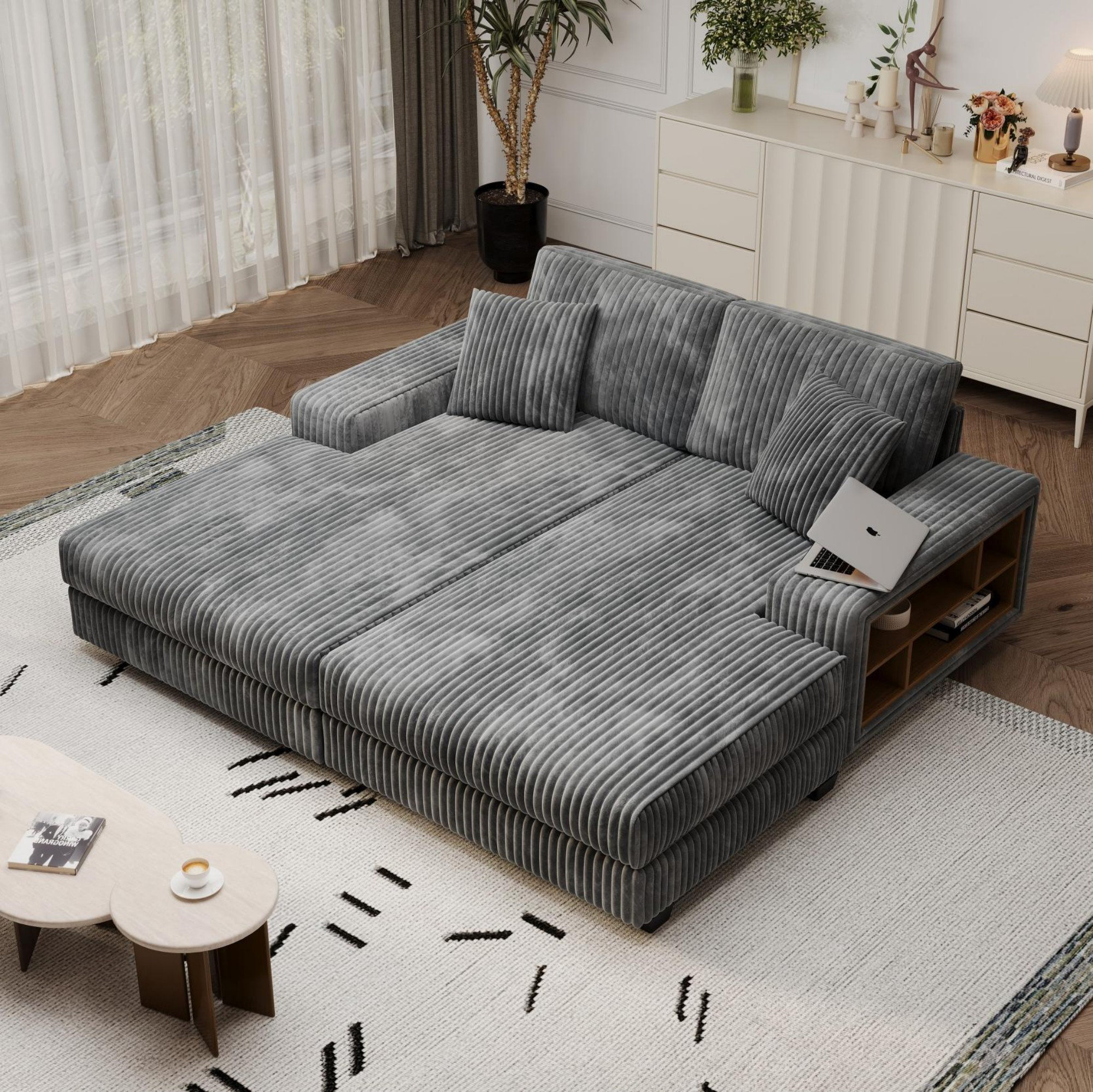 Latitude Run® Convertible combination sofa, corduroy fabric, fluffy ...