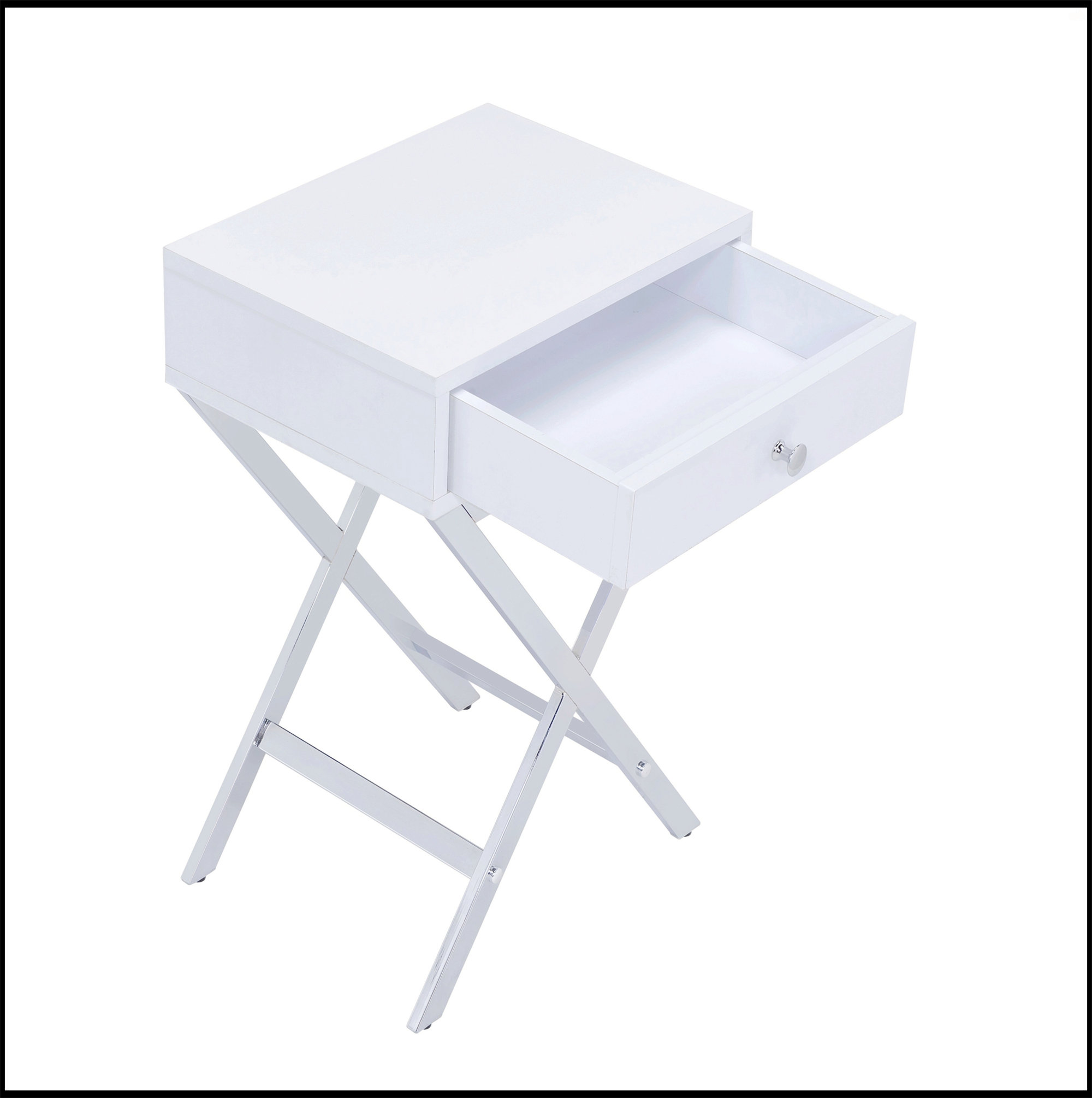 Ebern Designs White And Chrome 1-Drawer Rectangular Accent Table | Wayfair