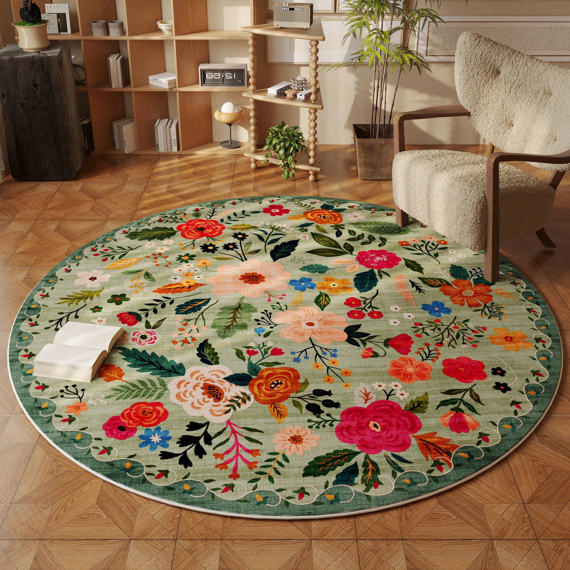 Lark Manor™ Boho Floral Round Rug Washable Non Slip Low Pile Circular ...