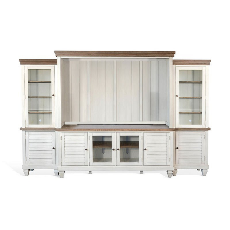Benjara Dean Console With Hutch TV Media Wall Unit, Brown, White 119 ...