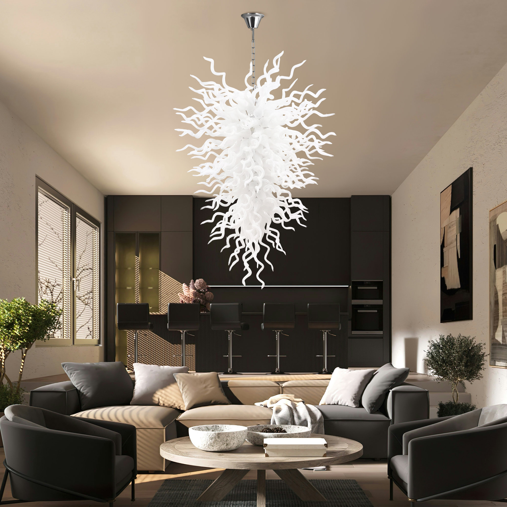 Orren Ellis Art Hand Blown Glass Chandelier, White Tone Ceiling Light ...