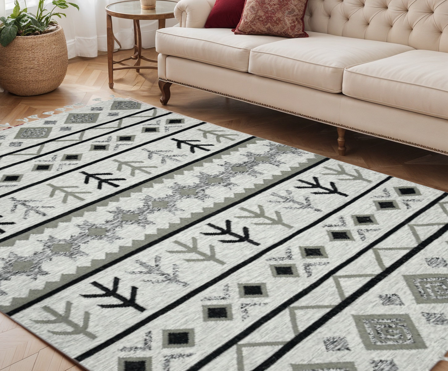 Ivy Bronx 5' X 8' Ivory Grey And Black Wool Tribal Flatweave Handmade ...