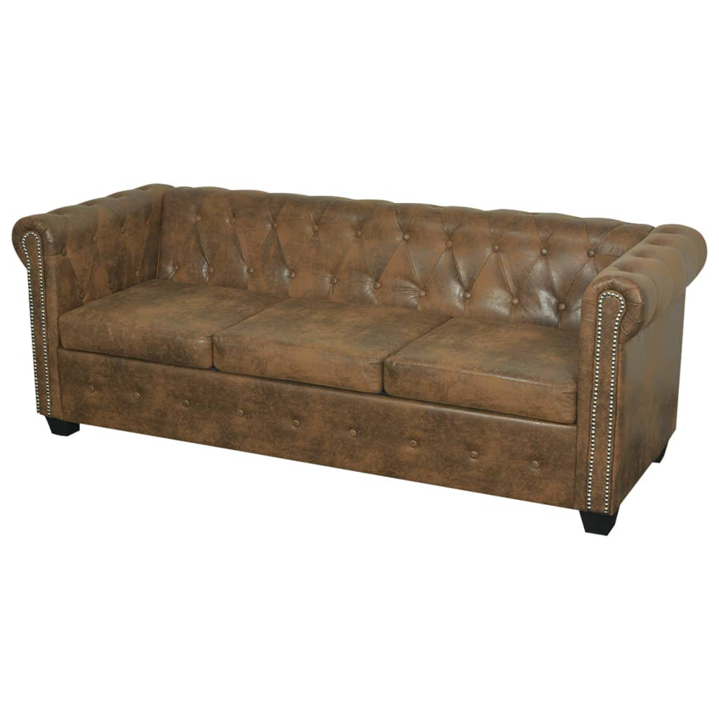 Williston Forge Chesterfield Sofa 3-Seater Brown Faux Leather | Wayfair