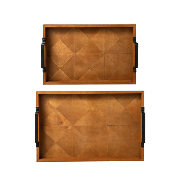 Ophelia & Co. Rectangle Wooden Geometric Trays With Metal Handles | Wayfair