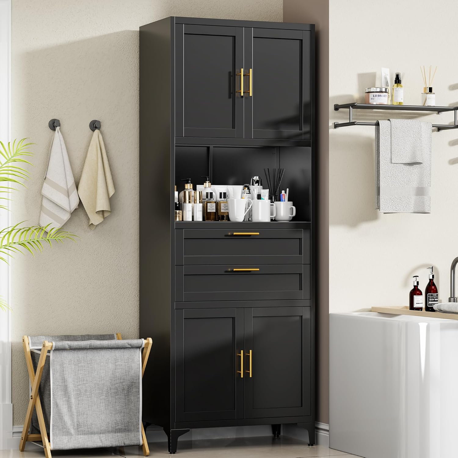 Mercer41 75” Tall Kitchen Pantry Storage Cabinet, Metal Storage Cabinet ...