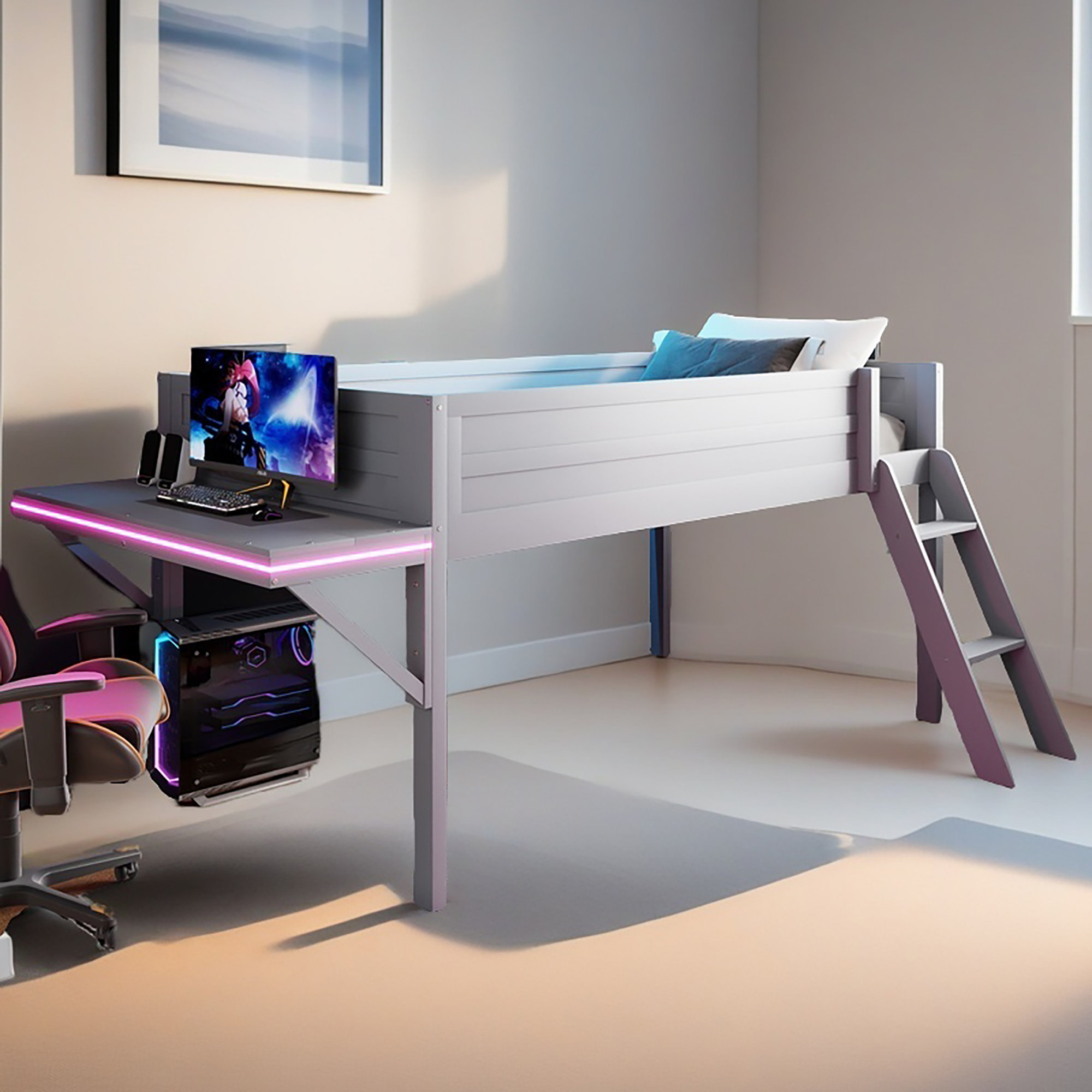 Harriet Bee Wood Gaming Loft Bed With Desk And LED | Wayfair
