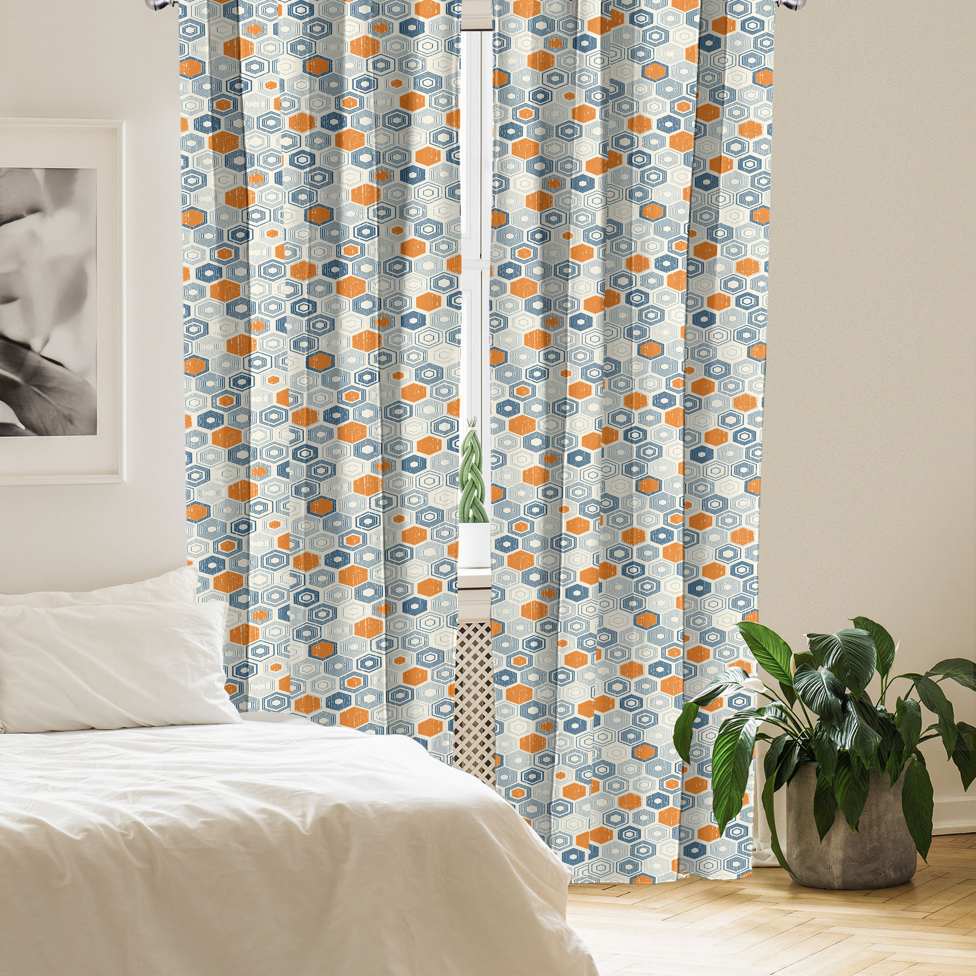 East Urban Home Grunge 4-Panel Curtains, Bullseye Hexagon Motifs, Navy ...