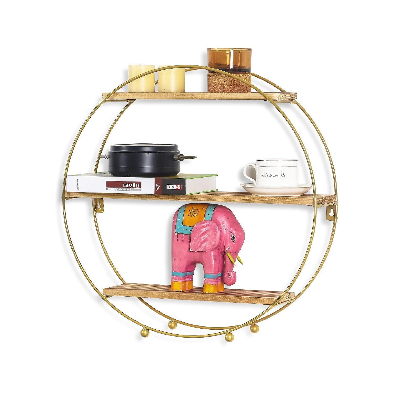 Latitude Run® Round Floating Shelves Wall Mounted Shelf Sturdy Wood Golden Metal Decorative ...