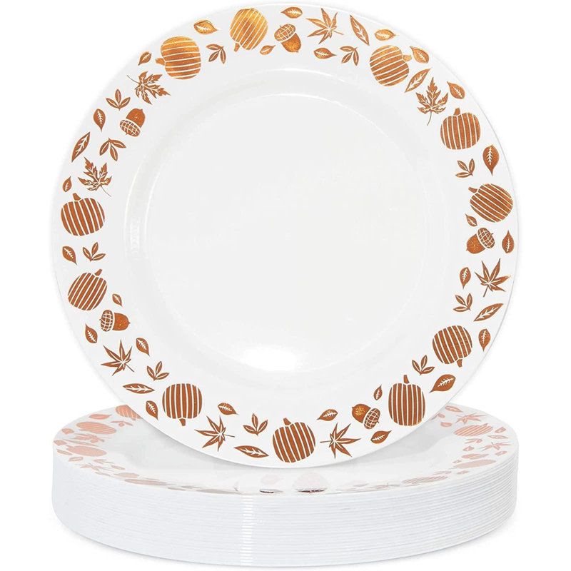 COEN Plastic Thanksgiving Plates with Copper Foil Leaf Trim – 24-Pack ...