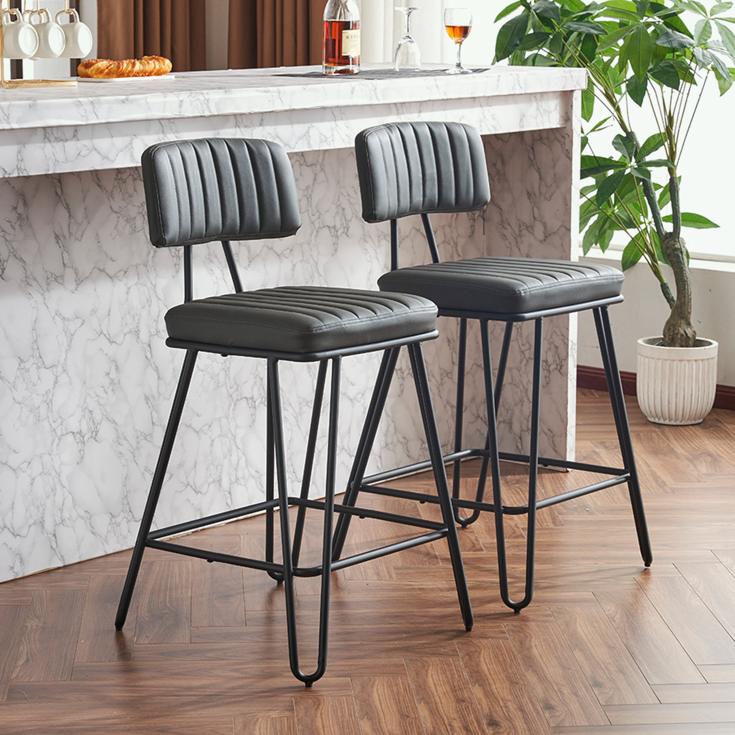 George Oliver Bar Stools Set of 2 with PU Leather Upholstery and Metal ...