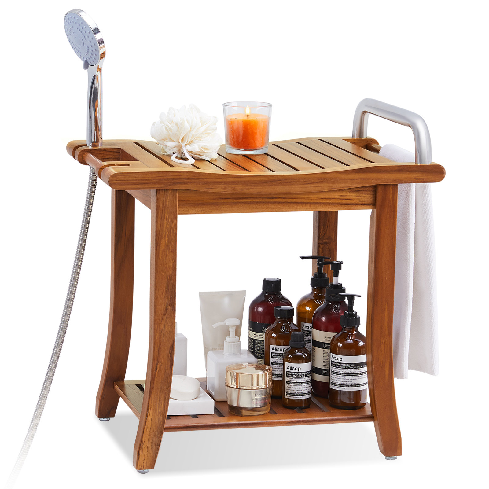 Winston Porter 20'' Teak Shower Bench With Handle, Large Teak Shower ...