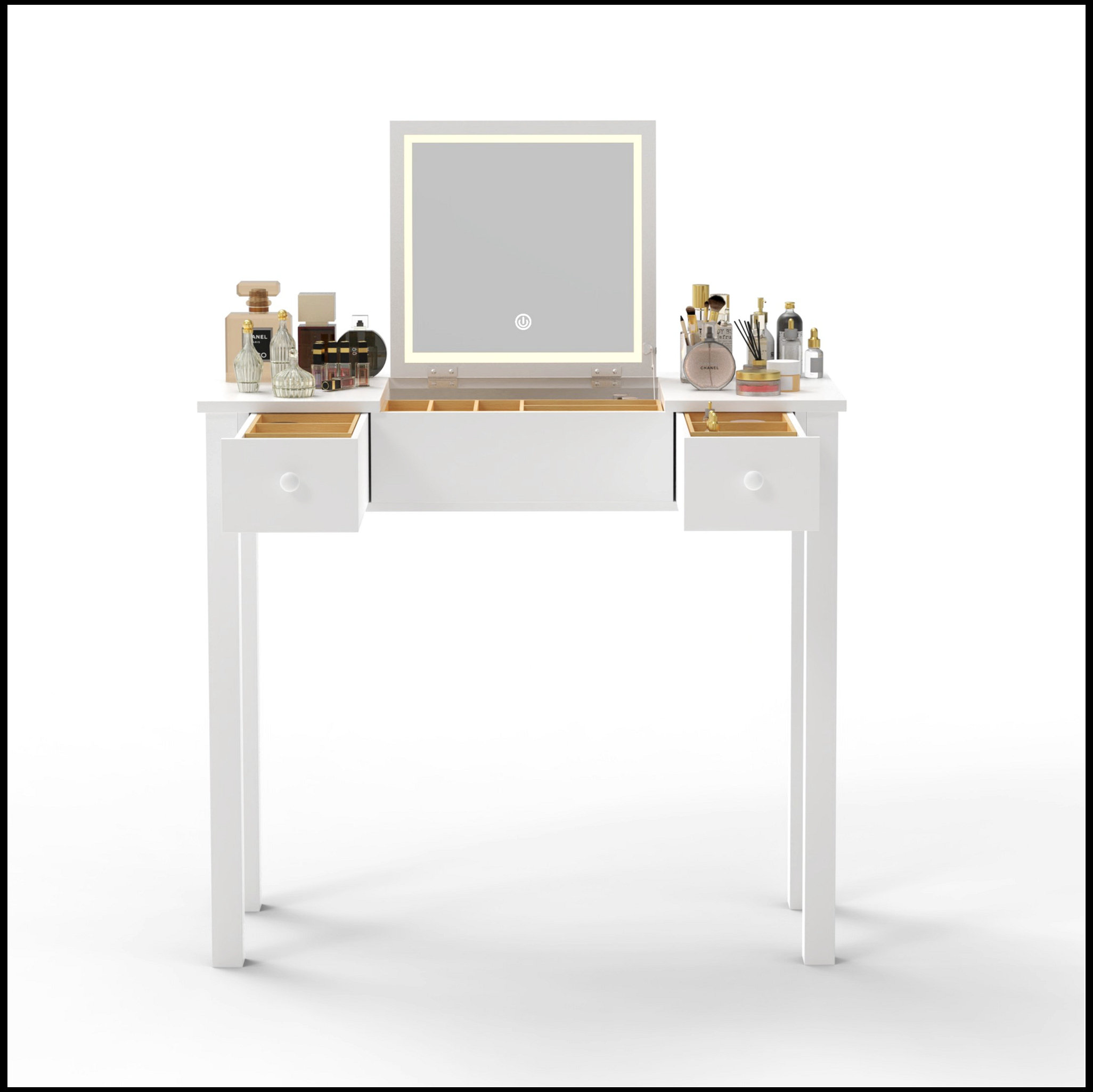 Latitude Run® Sleek Vanity Table with LED Lights, Flip-Top Mirror and 2 ...