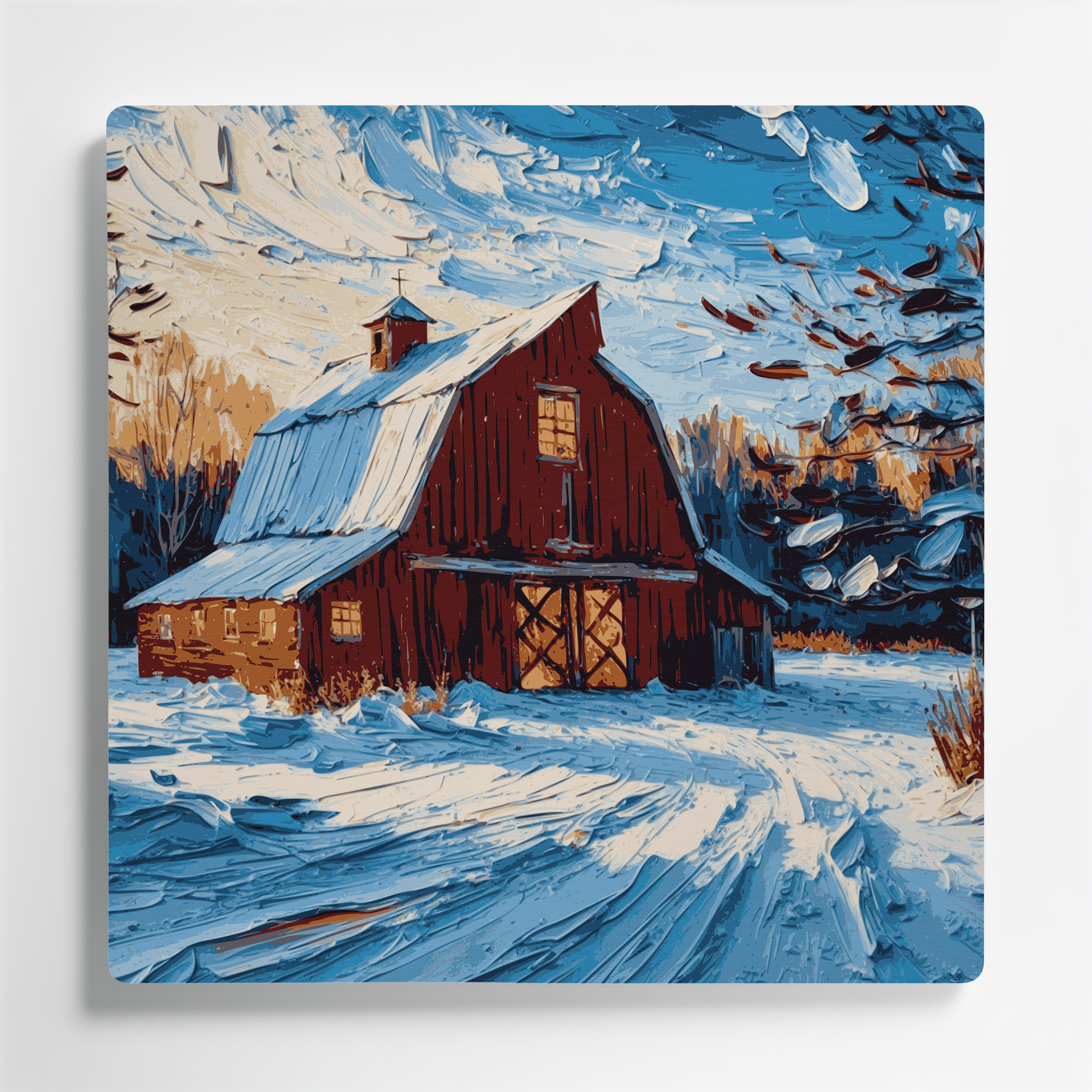 August Grove® Christmas Winter Barns Blue Metal Wall Art | Wayfair