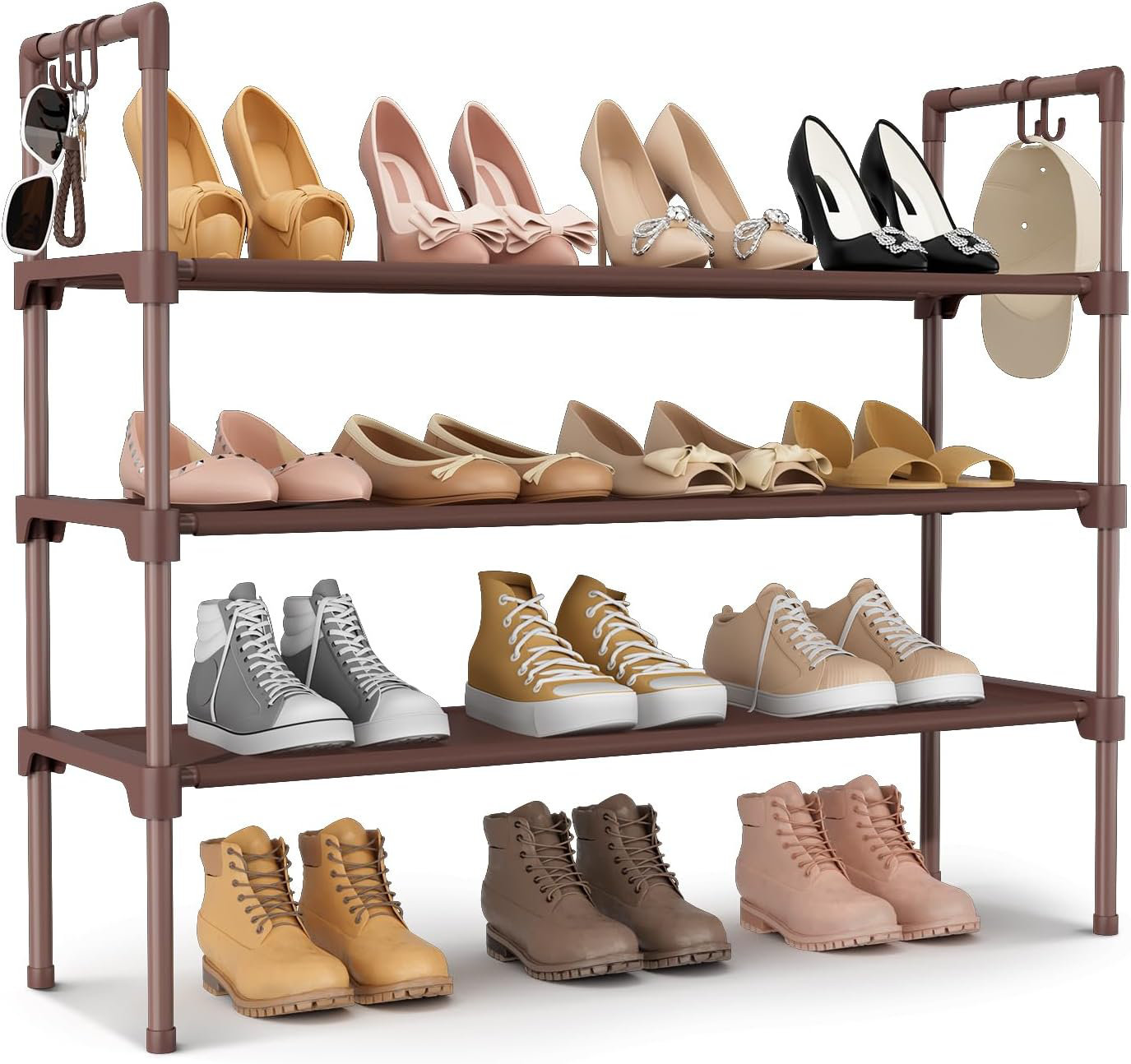 Rebrilliant 3-tier Shoe Rack With 5 Hooks Stackable Shoe Organizer ...