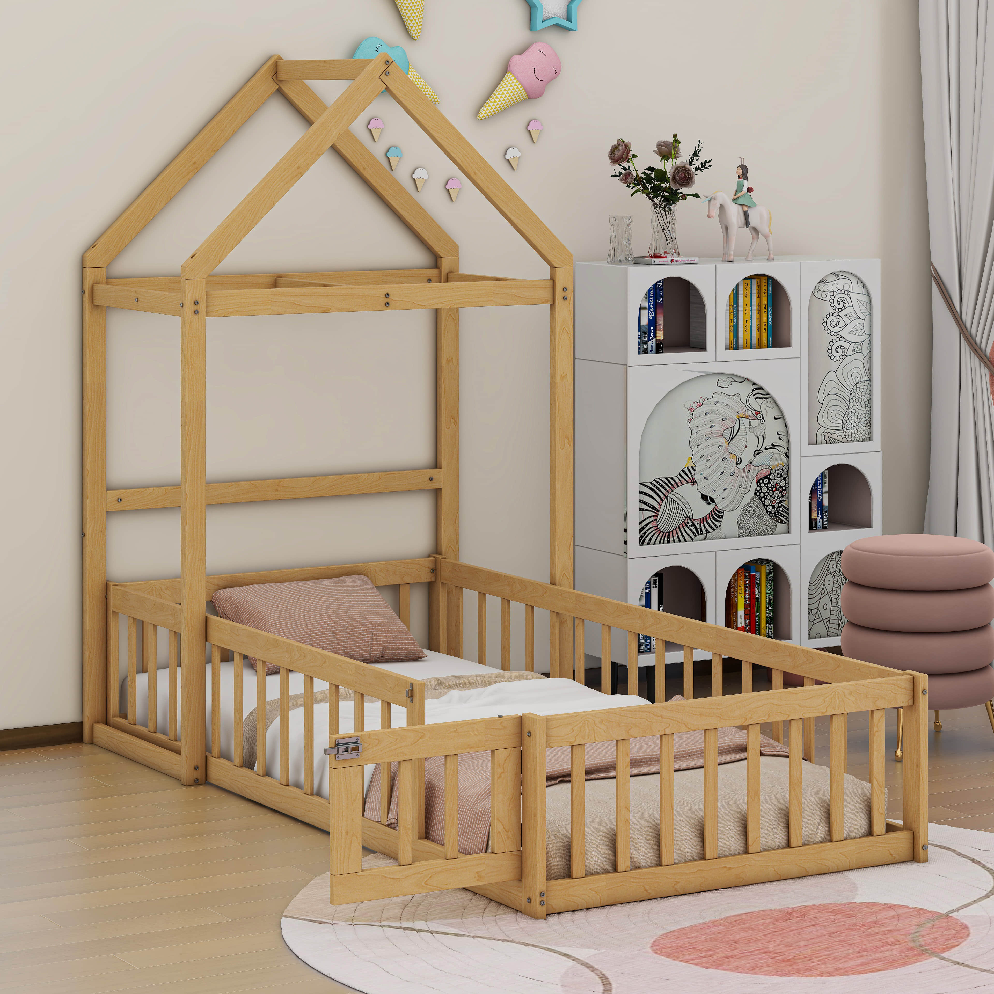 Cosmic Wooden Twin Size Bed with Detachable Headboard And Integrated ...