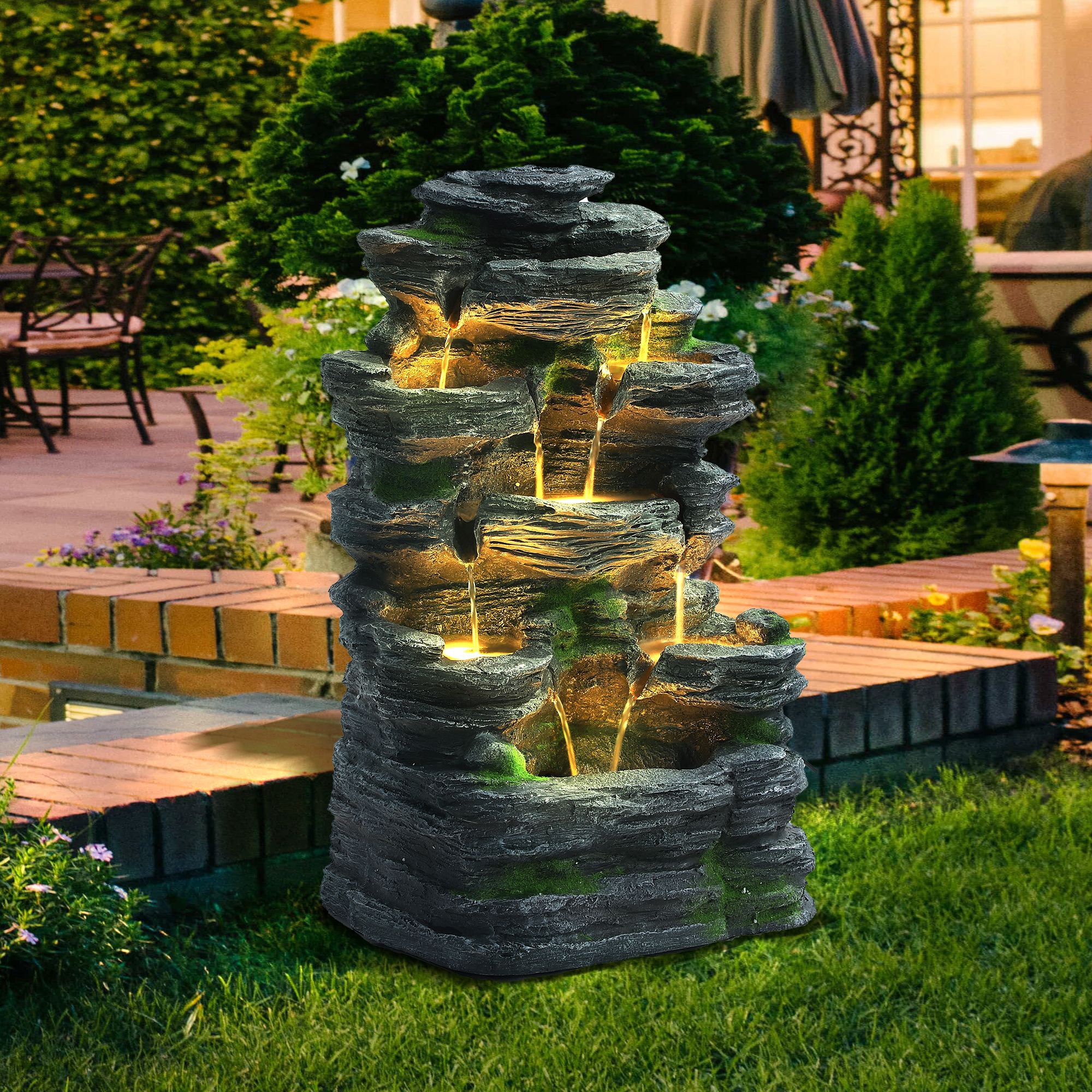 Millwood Pines 7 Tiers Cascading Rock Outdoor Water Fountain, Garden ...