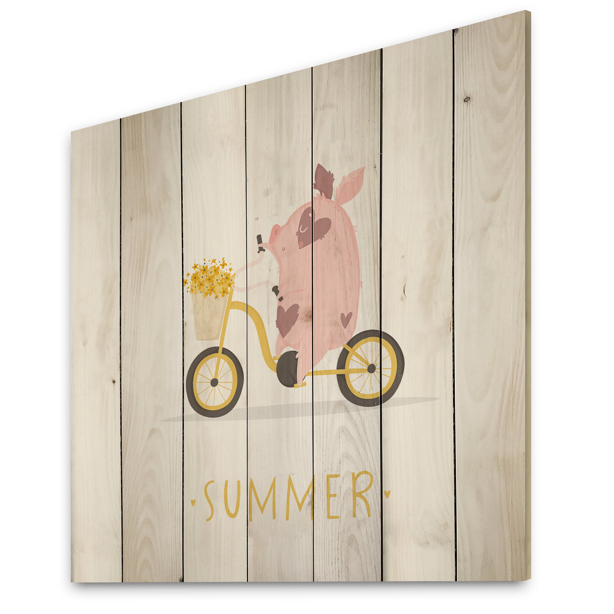 Zoomie Kids Little Piggy On Summer Bicycle - Children Art Wood Wall Art ...