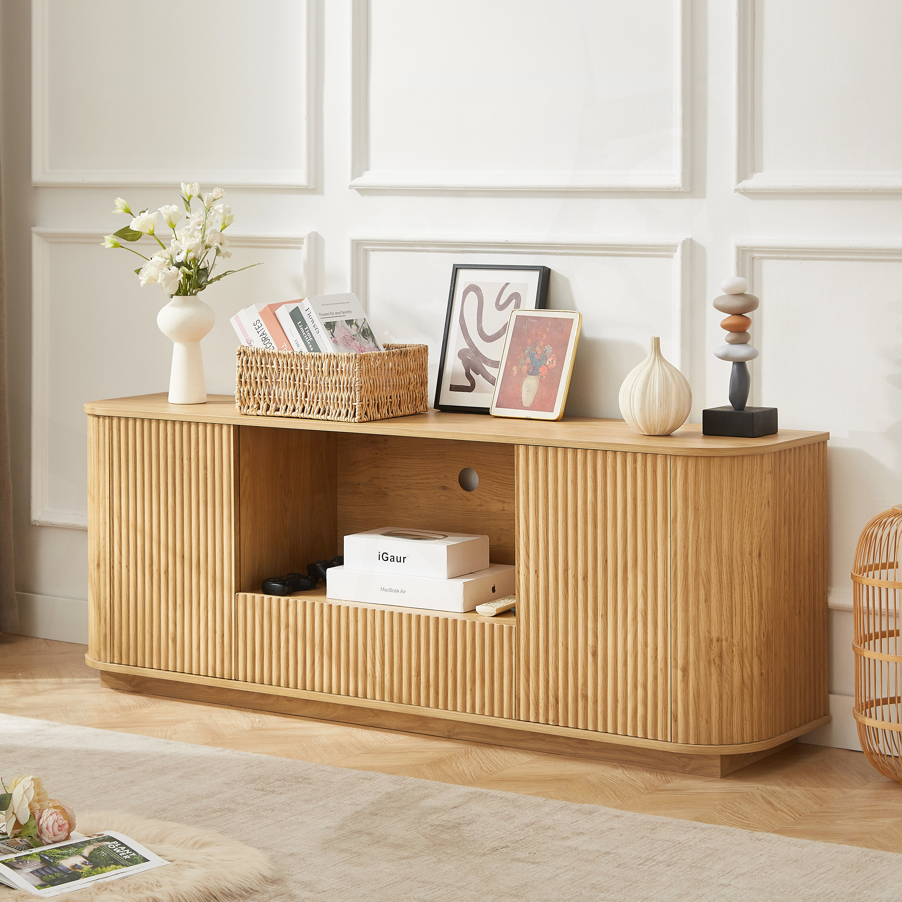 George Oliver 64-Inch Wavy TV Stand with Rounded Sideboard, Storage ...