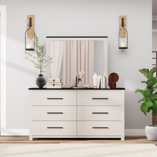 Roundhill Furniture Realynn 6-Drawer Bedroom Dresser with Mirror, Off ...