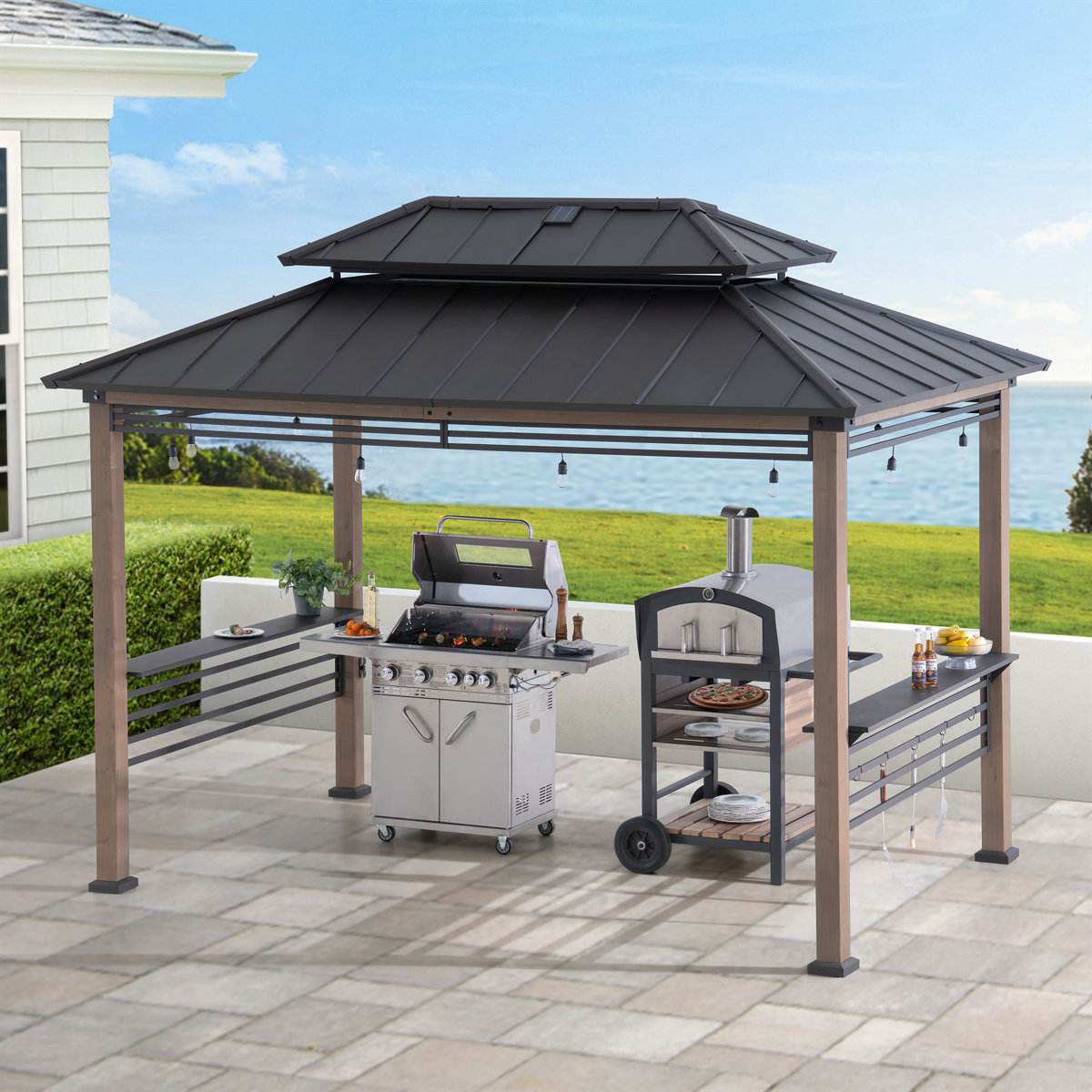 Sunjoy Wooden Grill Gazebo with AC Power Port, 8 x 12 ft. Steel Hardtop ...
