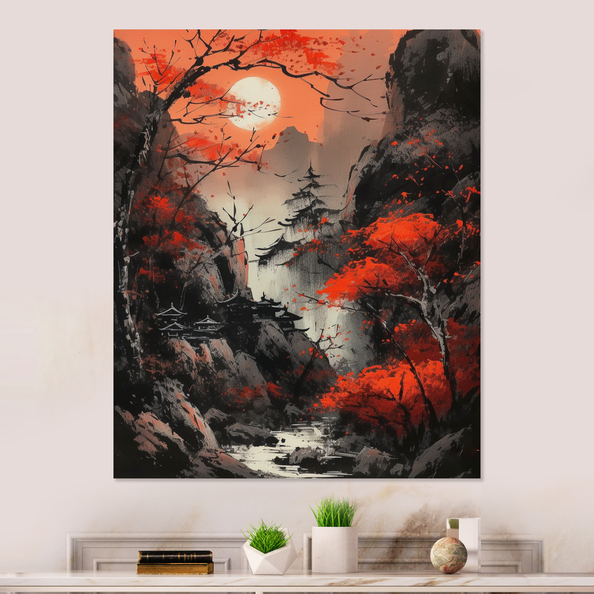 Millwood Pines Moonset And Japonese Maple Tree III - Landscape Japon ...