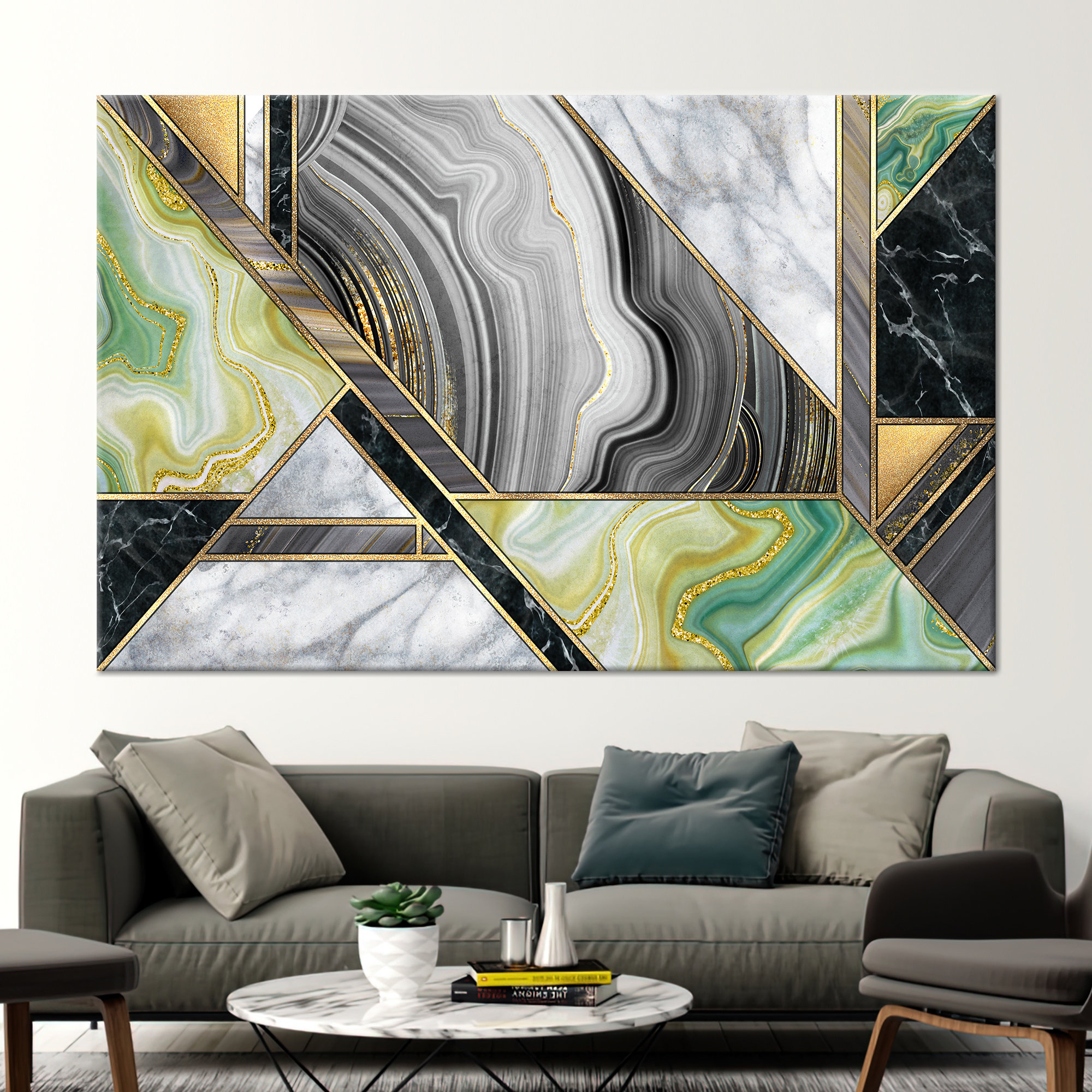 kayra export Abstract Alcohol Ink Canvas Art in Grey and Green ...