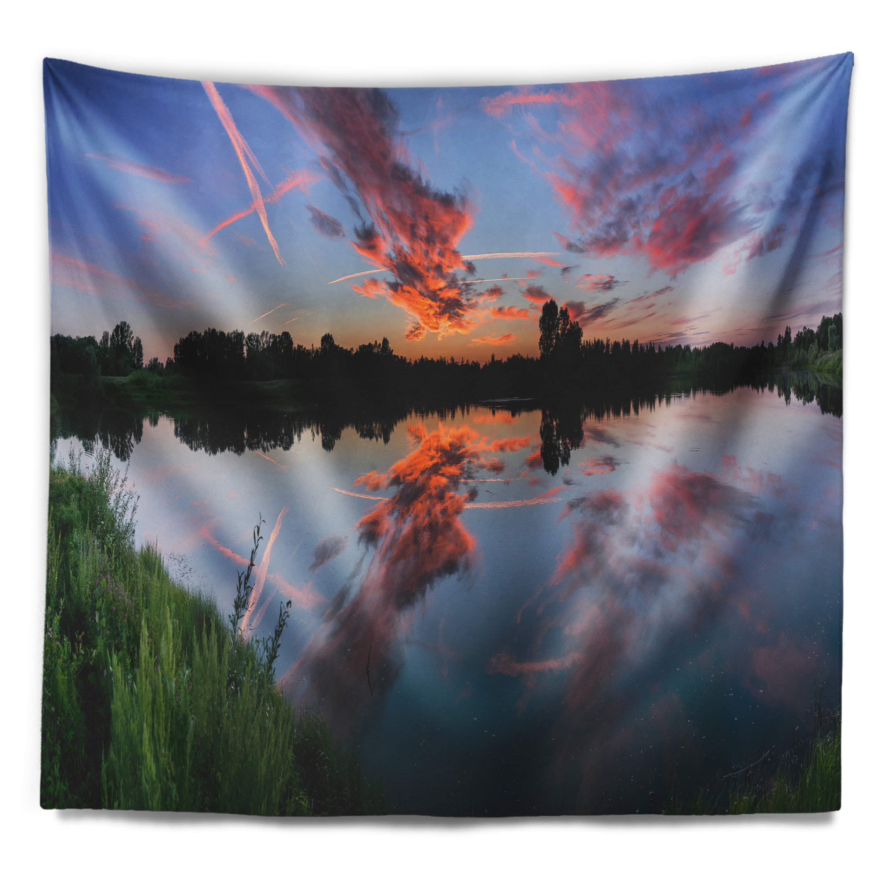 East Urban Home Landscape Sunset Sky Mirrored in Lake Water Tapestry ...