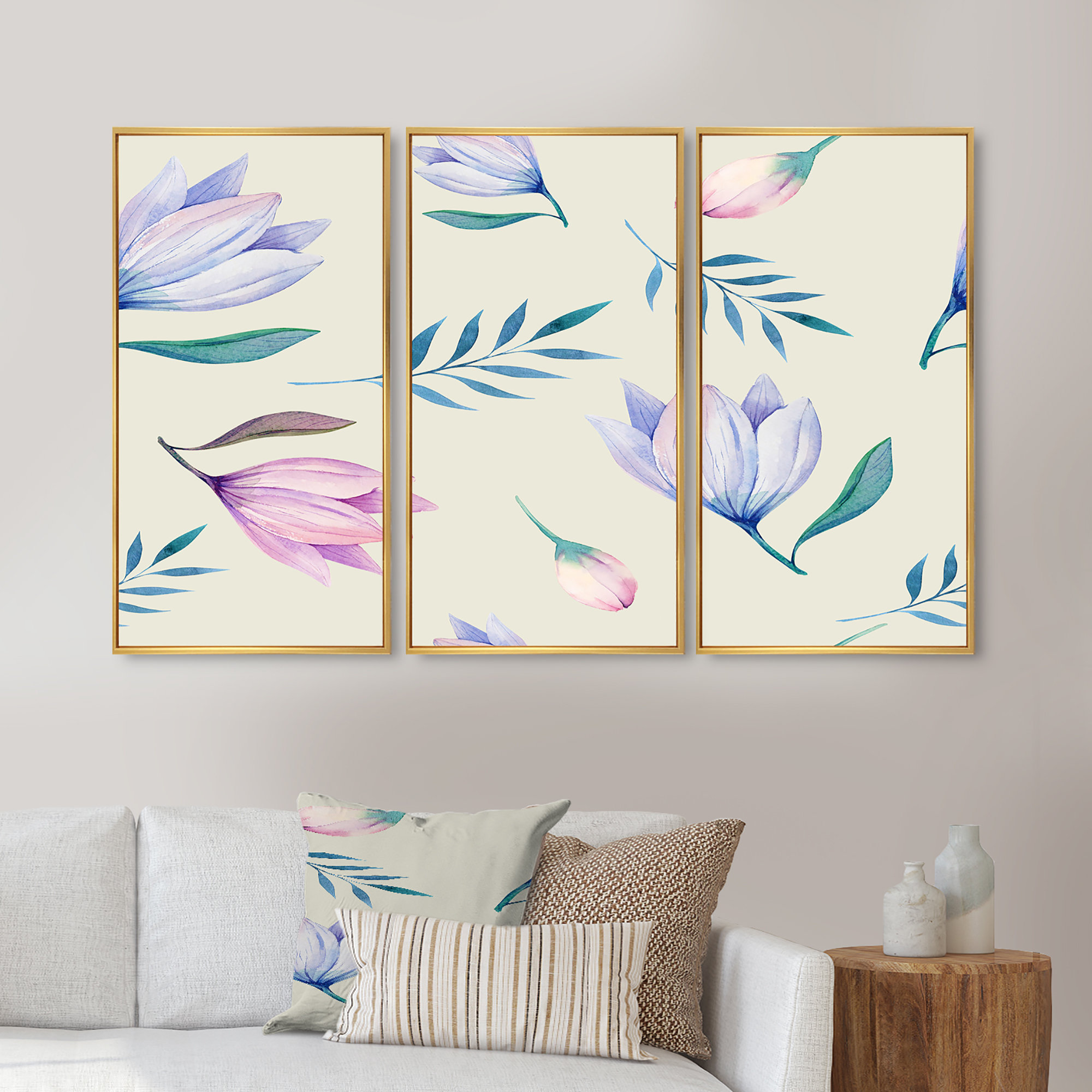Winston Porter Pastel and Blue Flowers - 3 Piece Floater Frame Print on ...