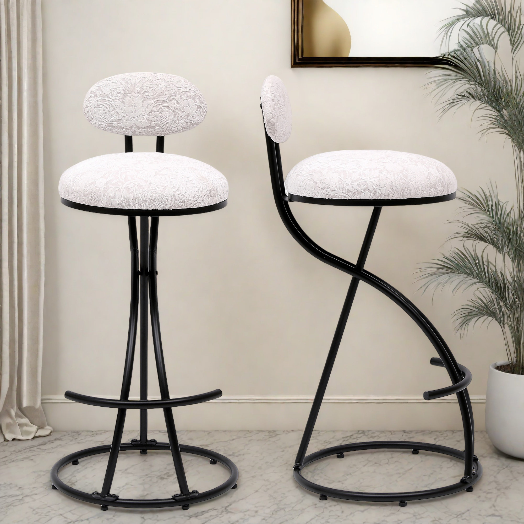 Ivy Bronx Round Bar Stools Set Of 2 With Floral Print Upholstered Seat ...
