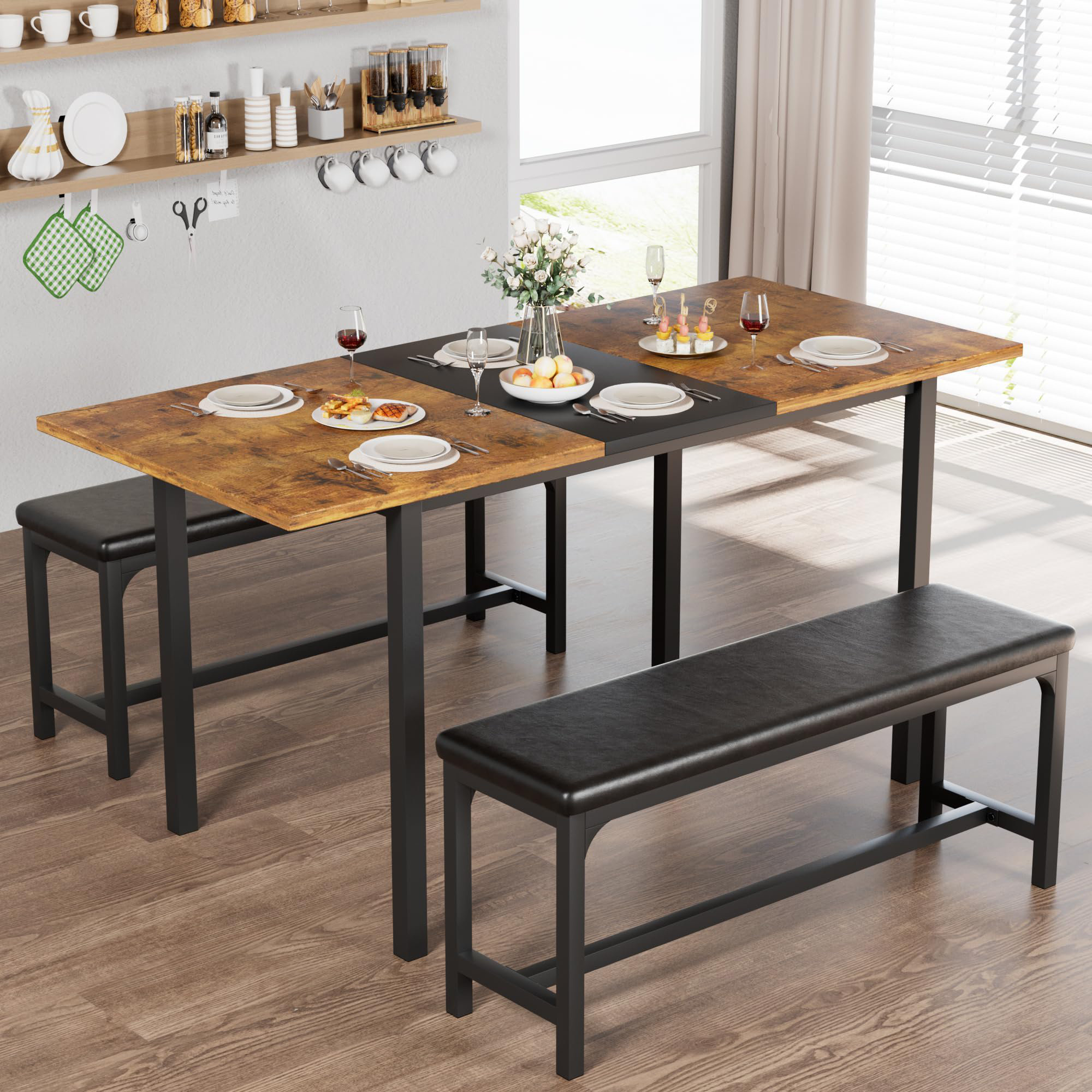 17 Stories 3-Piece 63" Modern Extendable Kitchen Table With 2 Benches ...