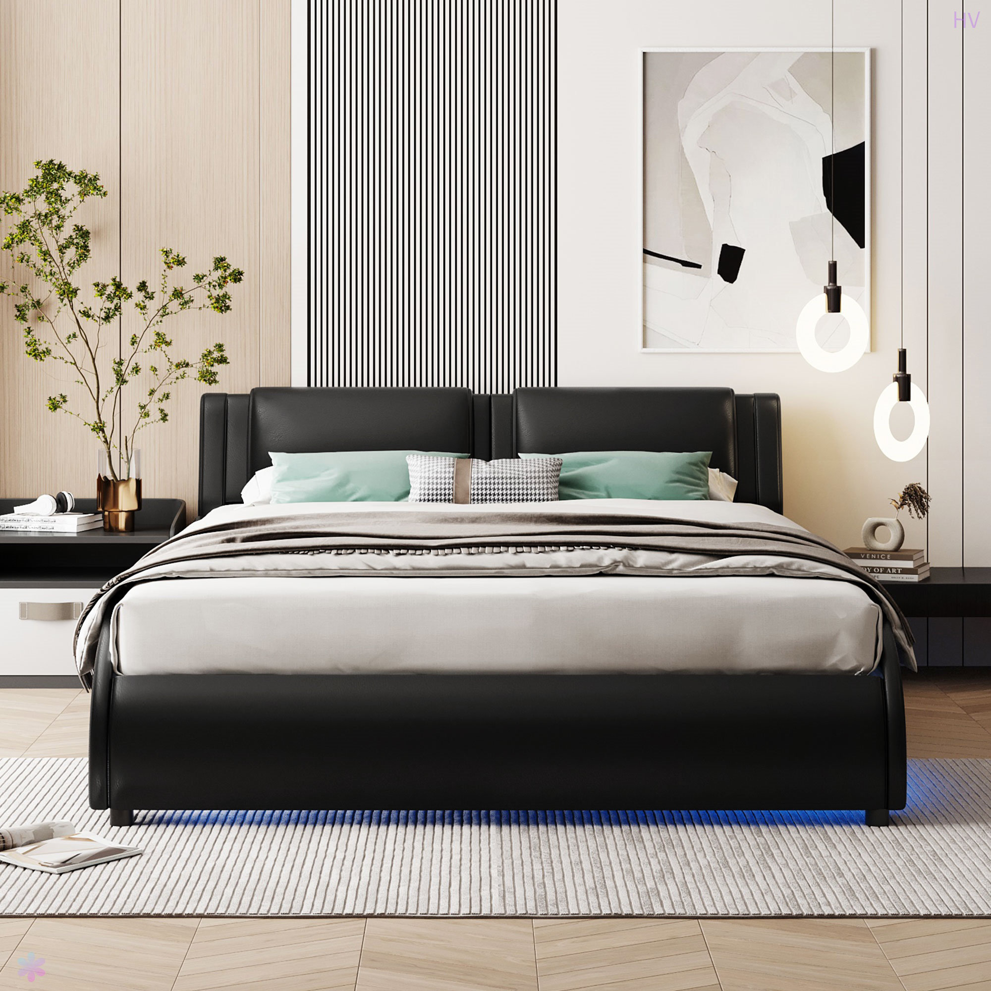 Wrought Studio™ Upholstered Faux Leather Platform Bed With LED Light ...