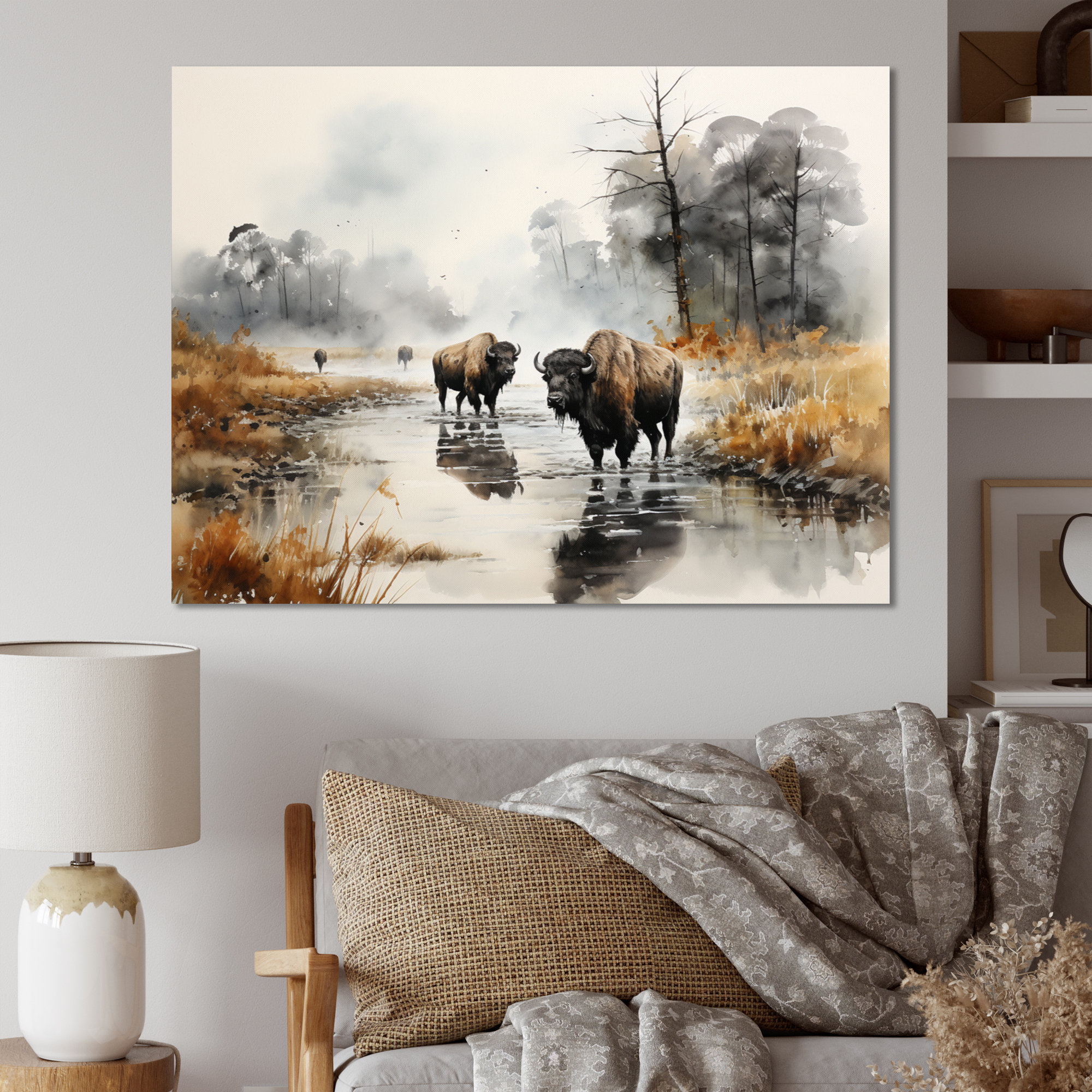 Loon Peak® Grey Buffalo Misty Morning Grazing II - Buffalo Framed Wall ...