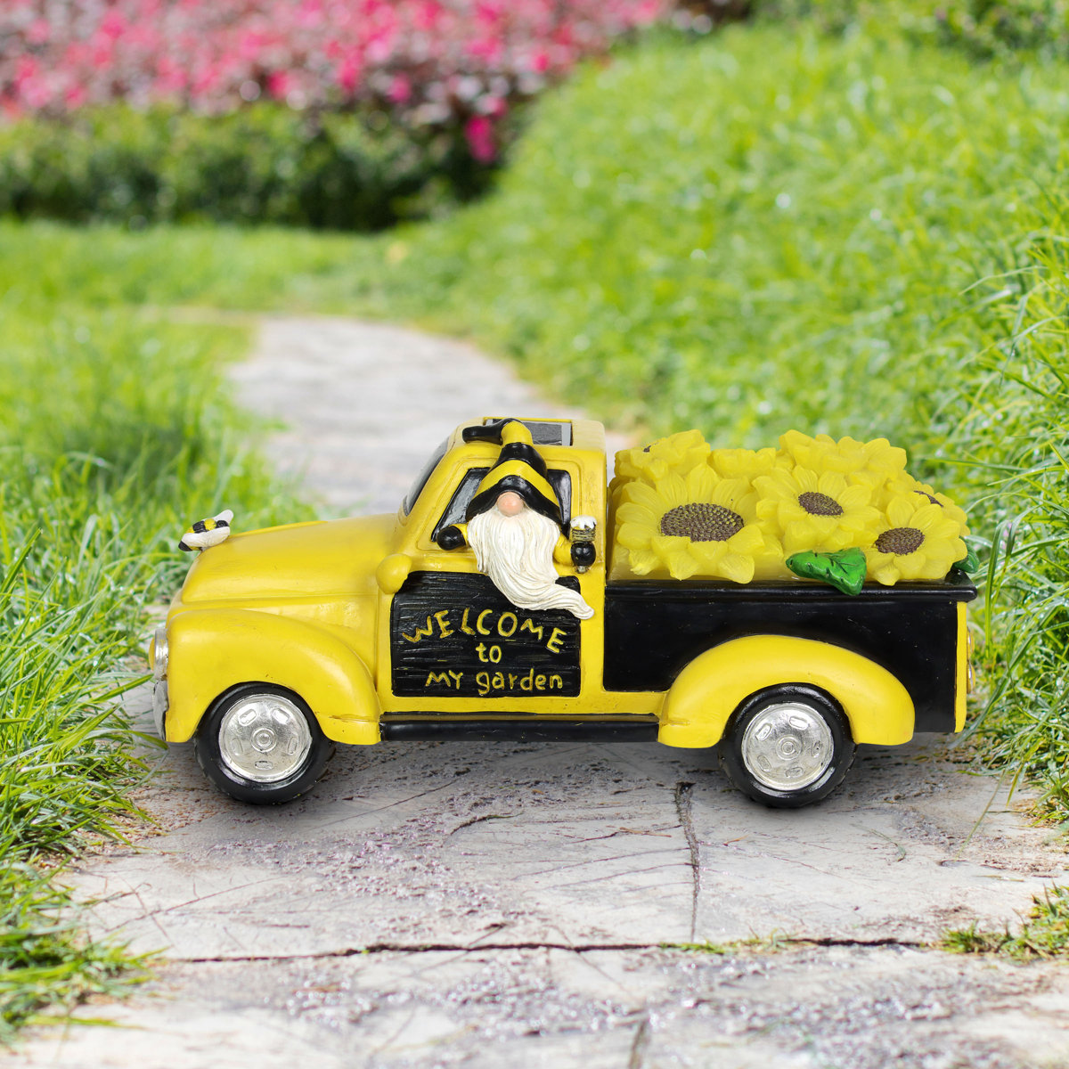 Exhart Solar Hand Painted Beekeeper Gnome in a Sunflower Truck Garden ...