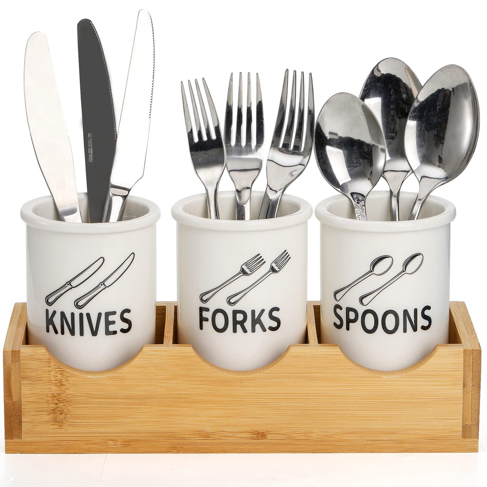 Gracie Oaks Set Of 3 Ceramic Flatware Caddy With Bamboo Wood Base ...