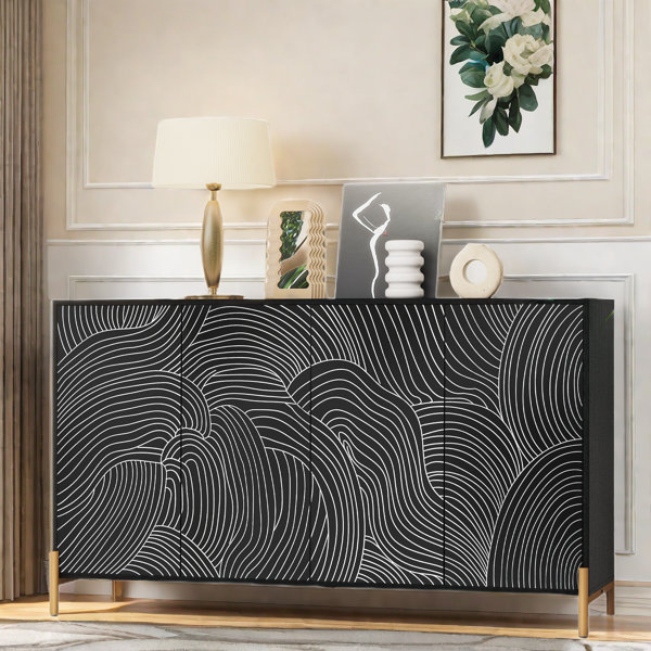 Mercer41 Sadae 4-door Sideboard with White Lines Carving, Adjustable ...