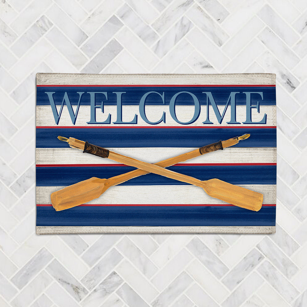 Laural Home Welcome Oars Striped Power Loom Chenille Area Rug in Blue ...