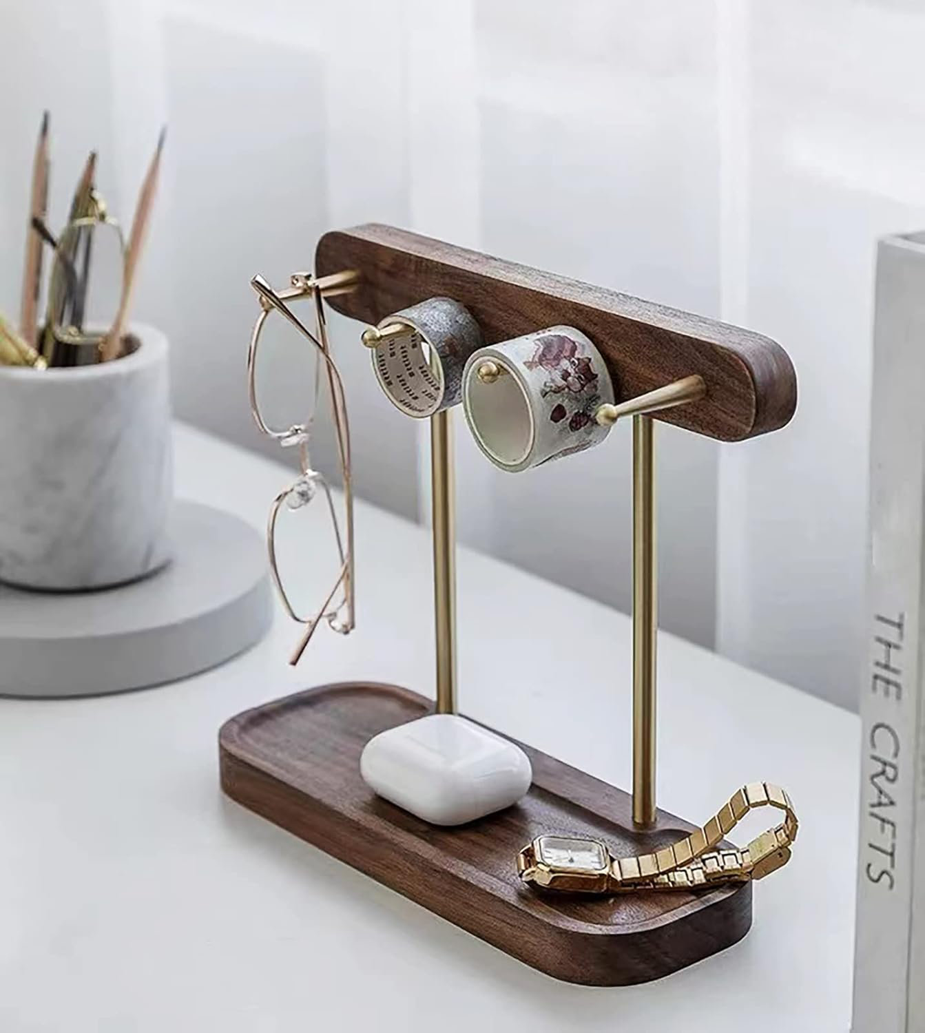 INSALER Key Rack Tabletop Key Holder Stand Modern Walnut Wood & Brass ...