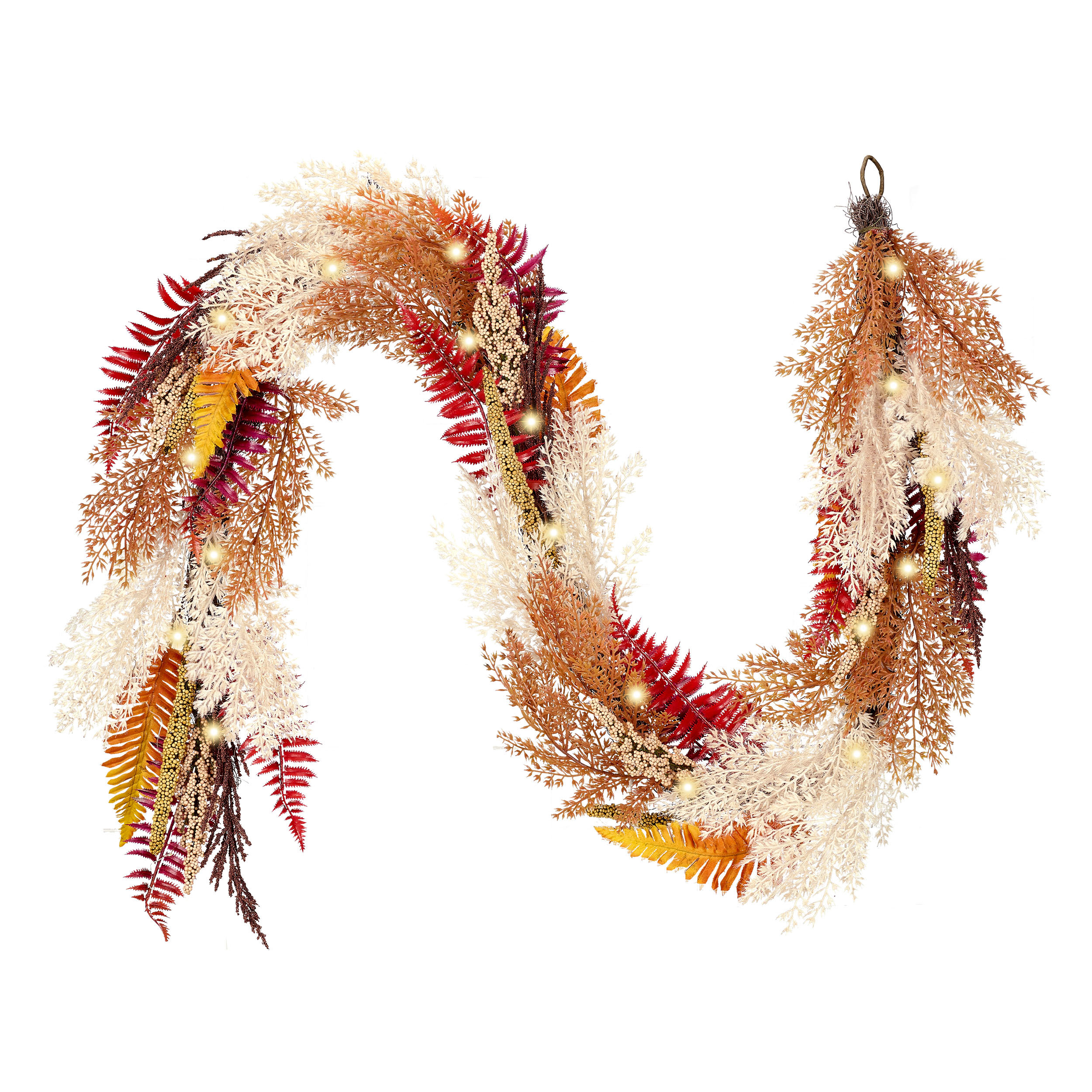 Primrue Harvest Day 72'' Cattail and Red Fern Leaf Faux Garland with ...