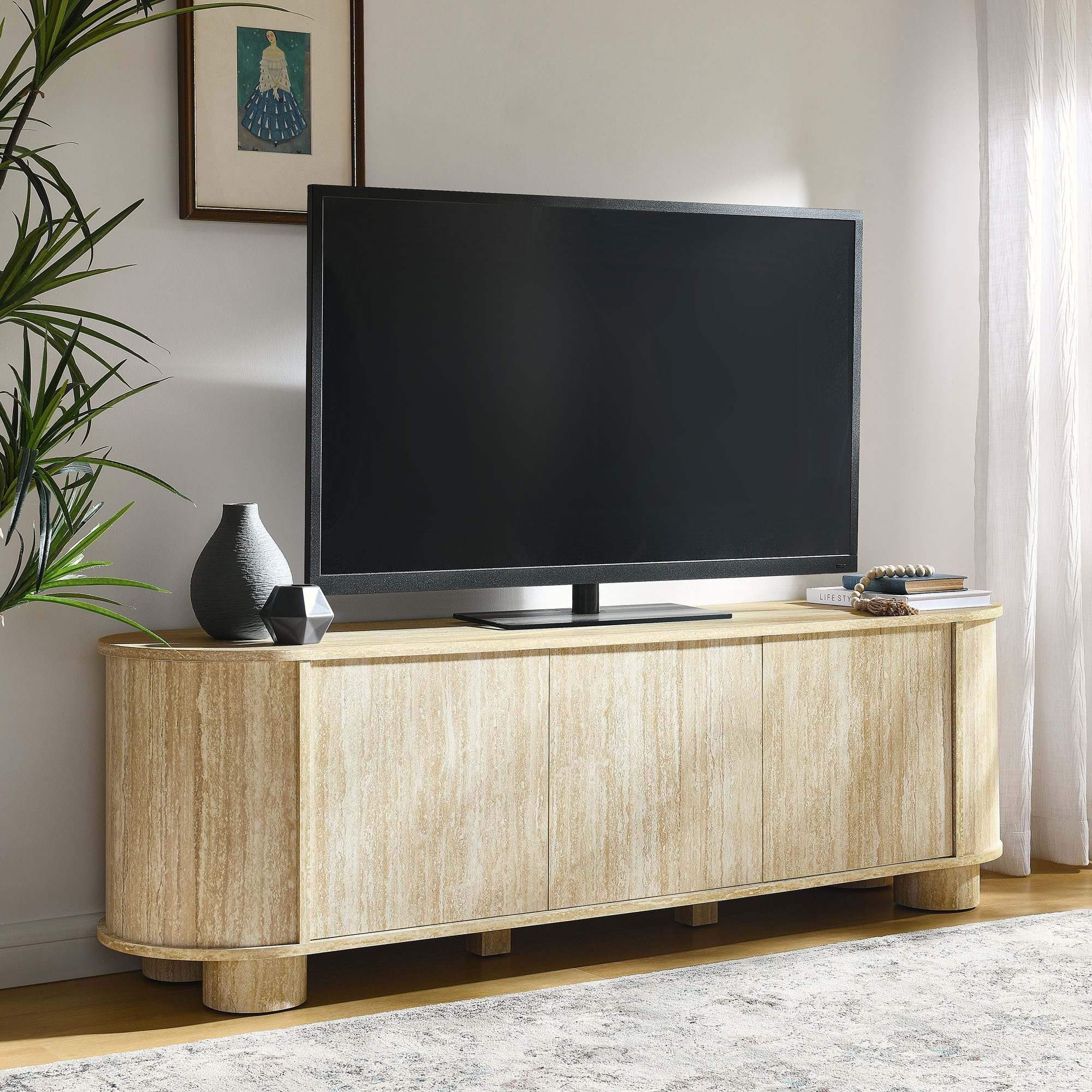 Modway Overture 63” Oval Faux Travertine TV Stand In Travertine ...