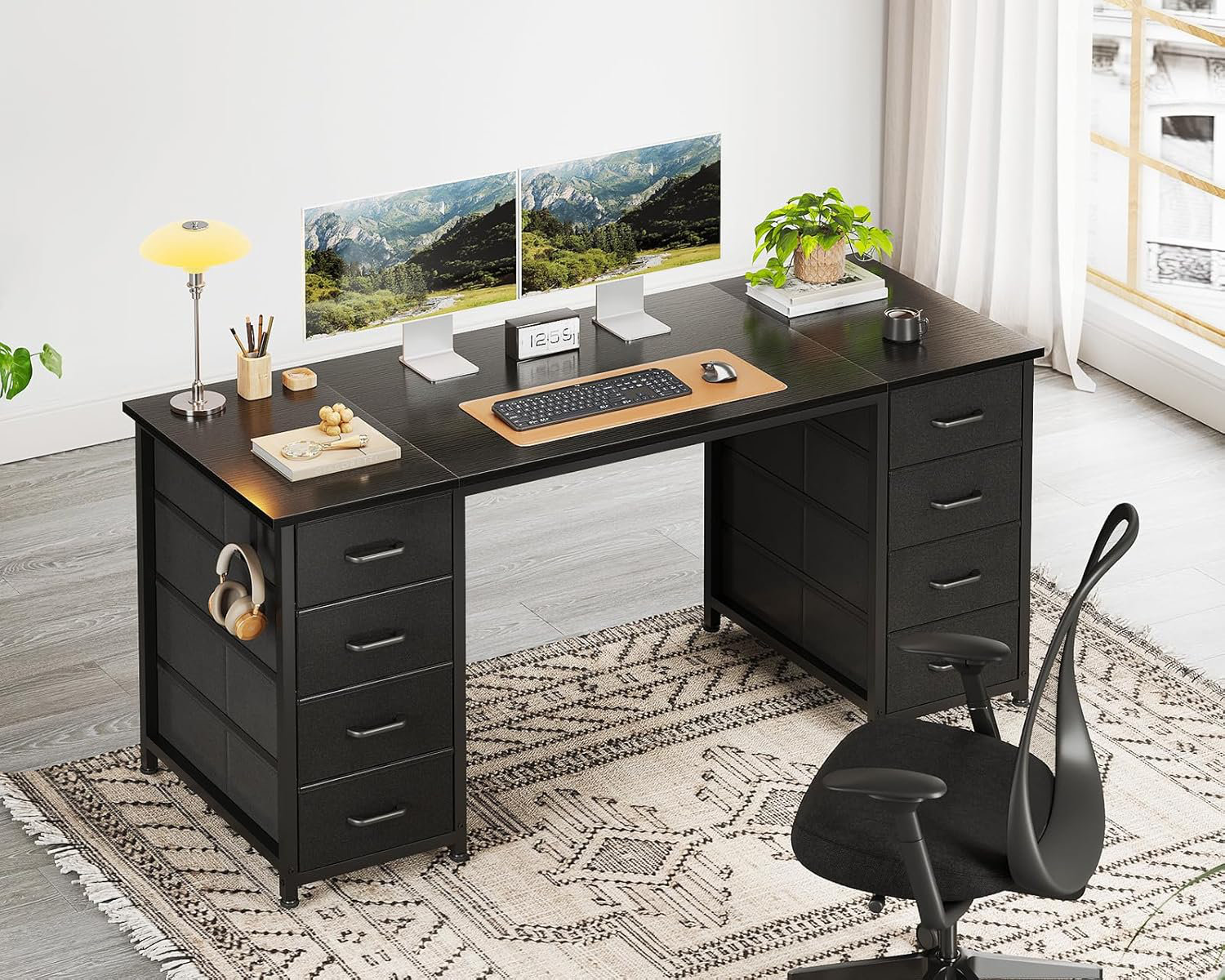 Inbox Zero 55 Inch Computer Desk With 8 Fabric Drawers, Modern Office ...